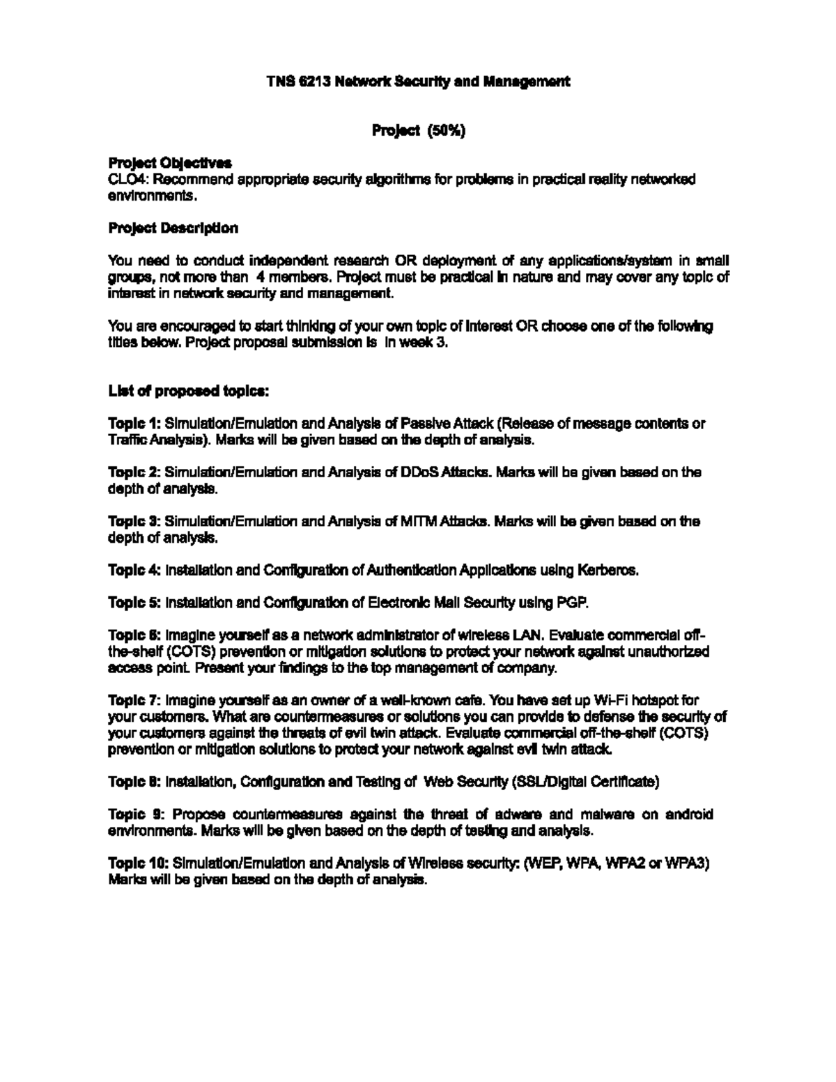 TNS 6213 Network Security Project Guide: Objectives & Topics - Studocu