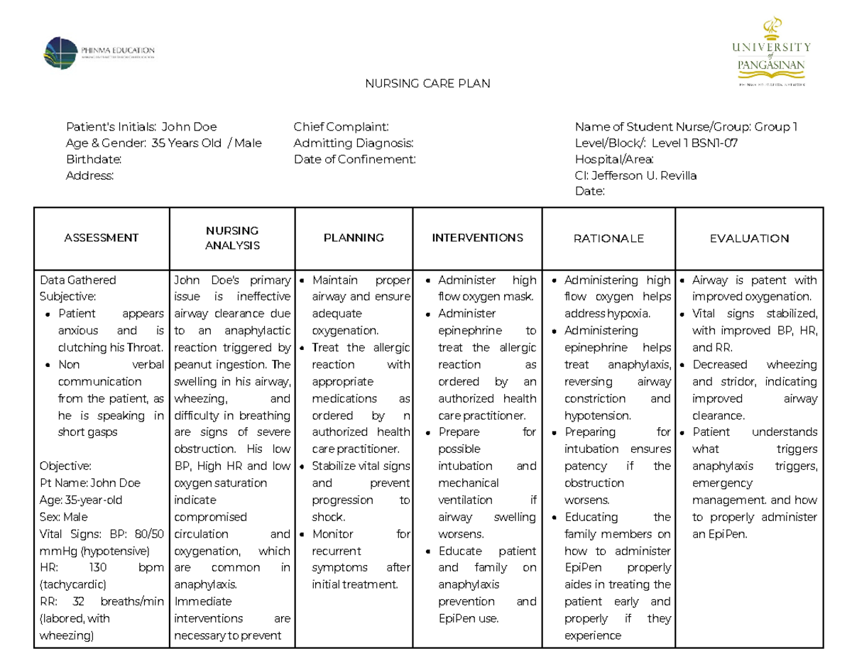 NURSINF CARE PLAN EXAMPLE - Patient’s Initials: John Doe Age & Gender ...