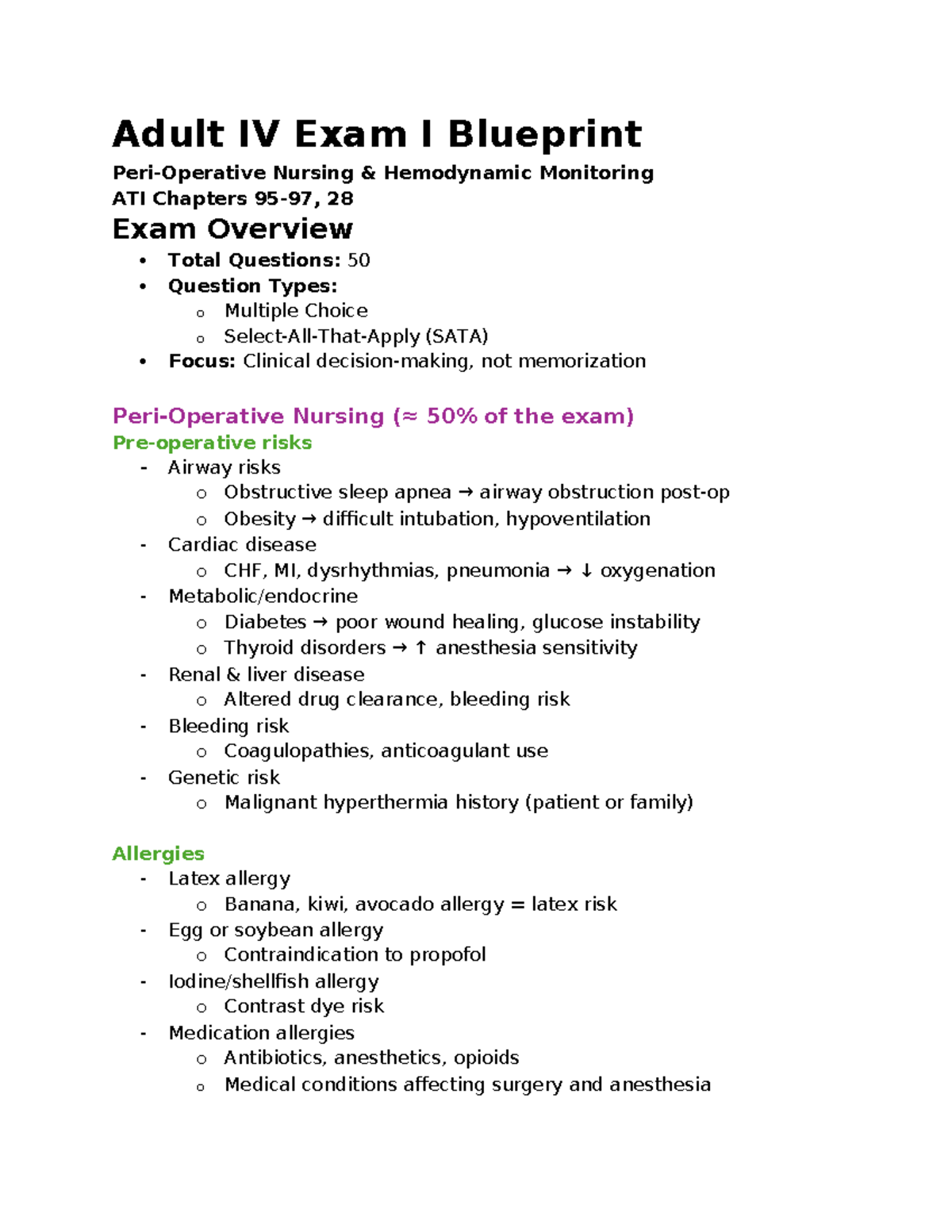 Adult IV Exam I Blueprint: Nursing Hemodynamic Monitoring Overview ...