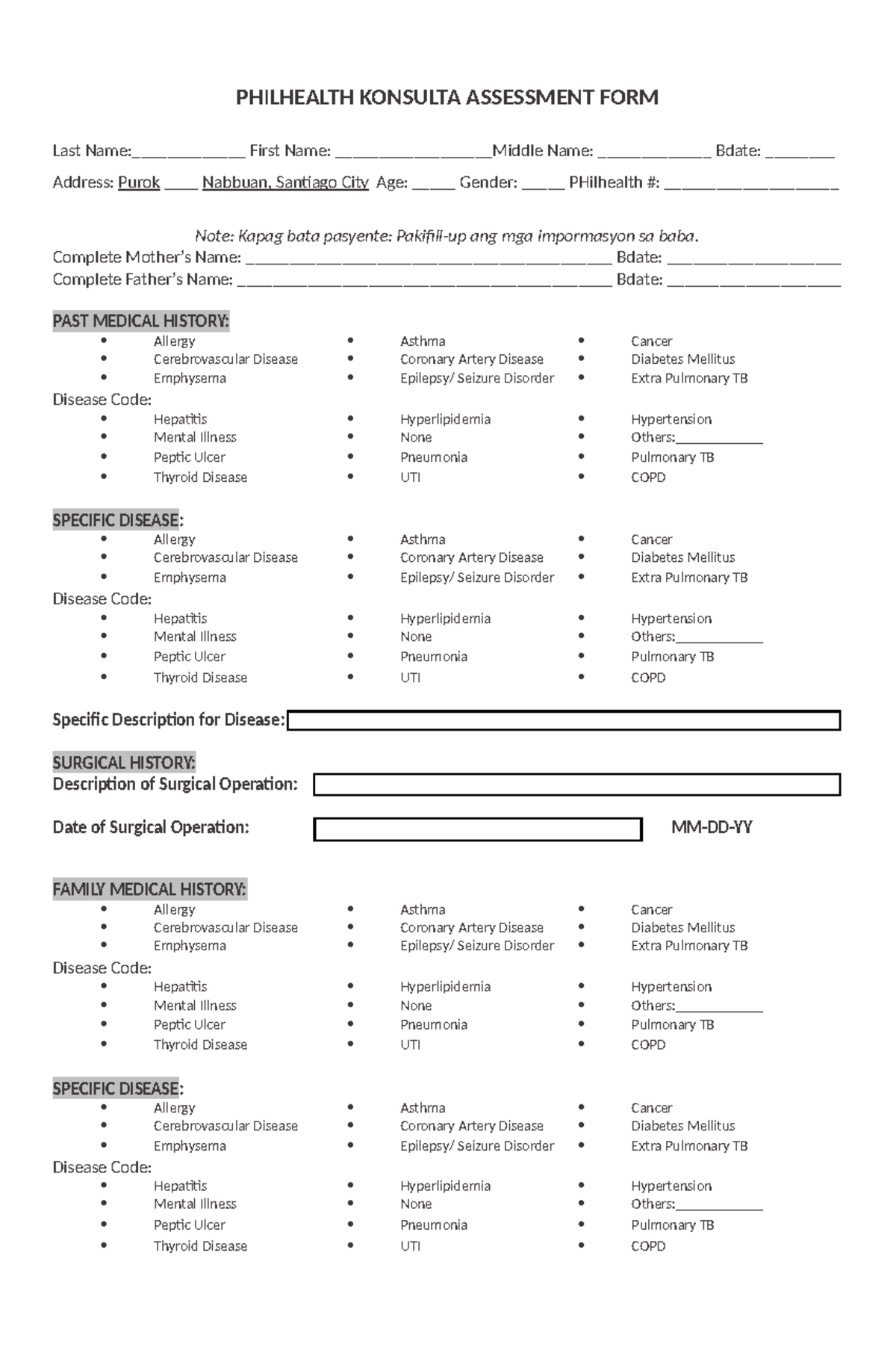 PHILHEALTH KONSULTA ASSESSMENT FORM: Patient Medical History - Studocu