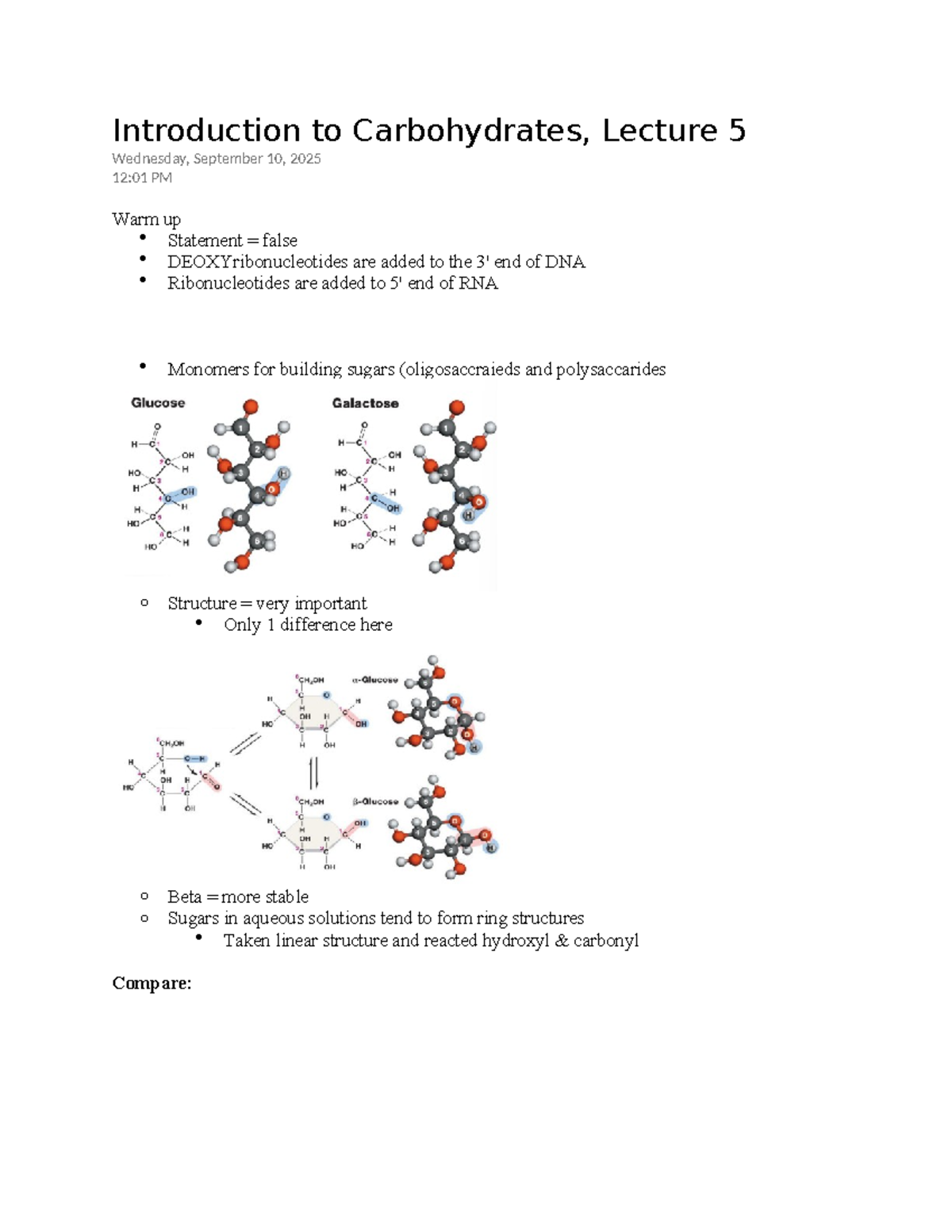 Introduction to Carbohydrates - Lecture 5 Notes (BIO101) - Studocu