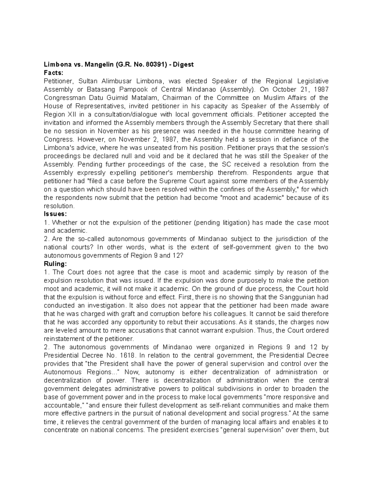 Limbona vs. Mangelin (G.R. No. 80391) - Case Digest and Ruling Analysis ...