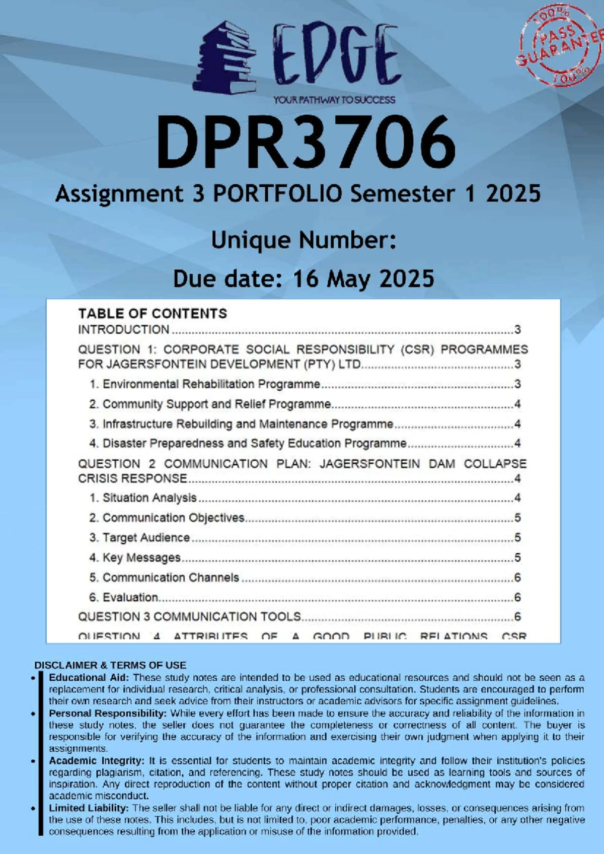 DPR3706 Assignment 01 - Module code : DPR Assessment number : 01 Assessment unique number ...