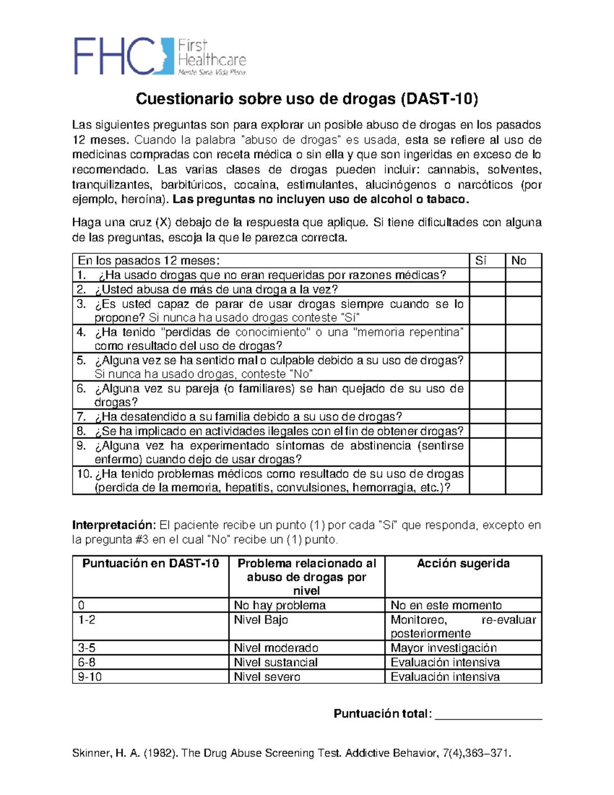 DAST-10 Drug Abuse Screening Test Questionnaire: Spanish Version - Studocu