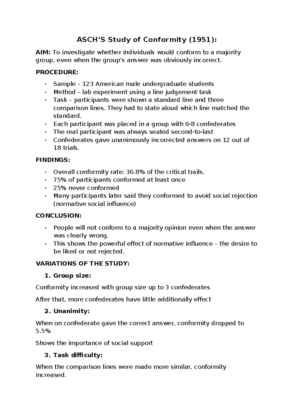 ASCH 1951: Study of Conformity and Social Influence Analysis - Studocu