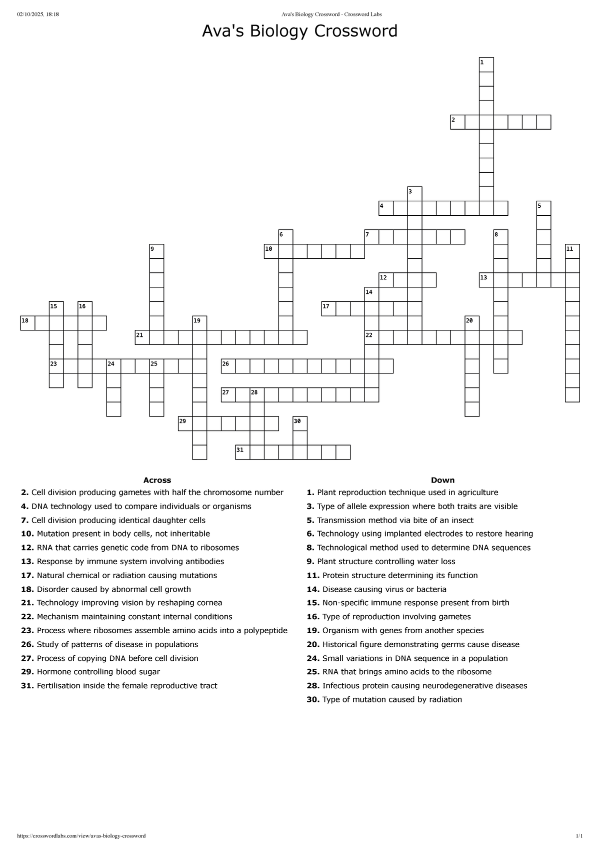 18:18 Biology Crossword Puzzle - Crossword Labs - Studocu