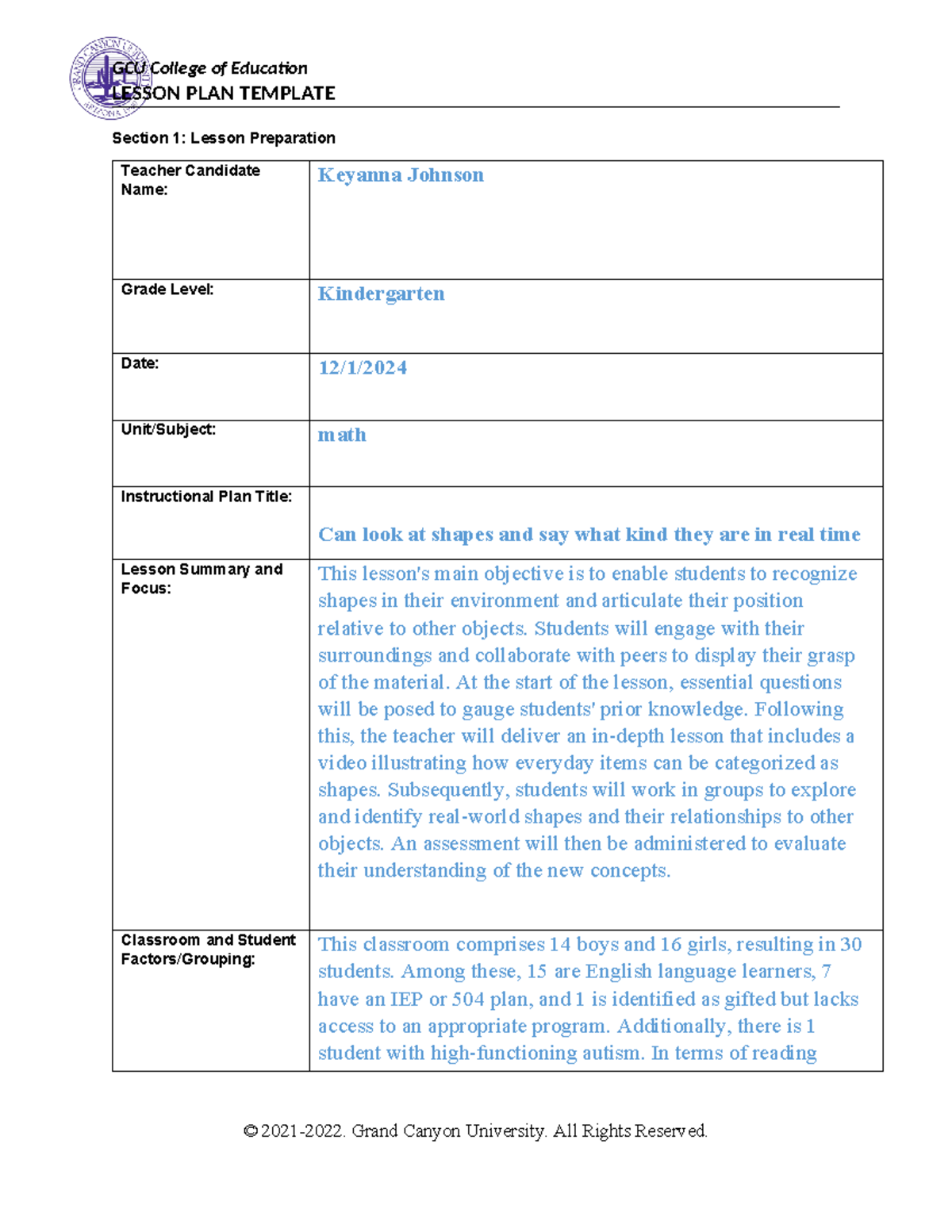 Kindergarten Math Lesson Plan: Identifying Shapes in Real Life - Studocu