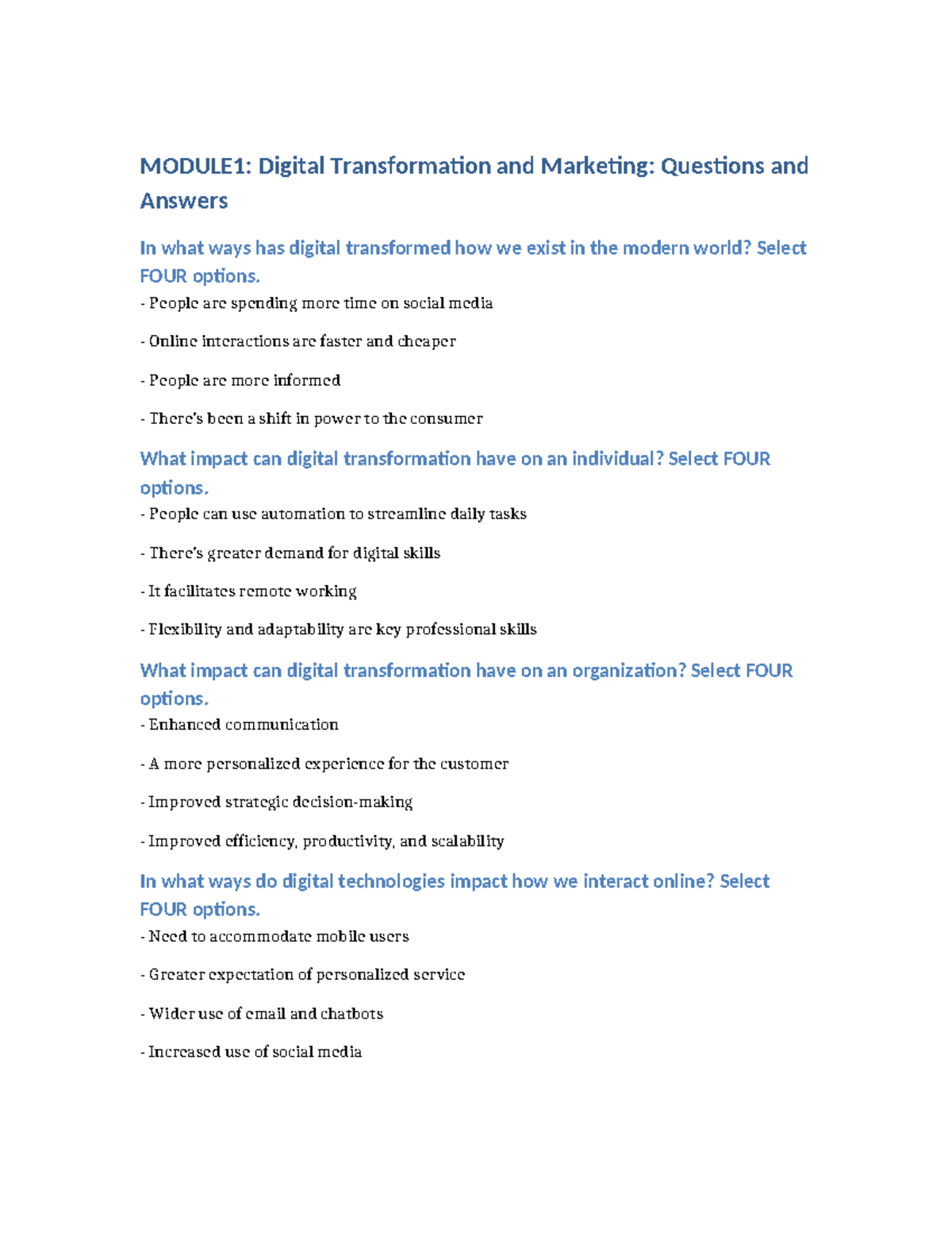 Digital Transformation: Questions & Answers for Module 1-6 - Studocu