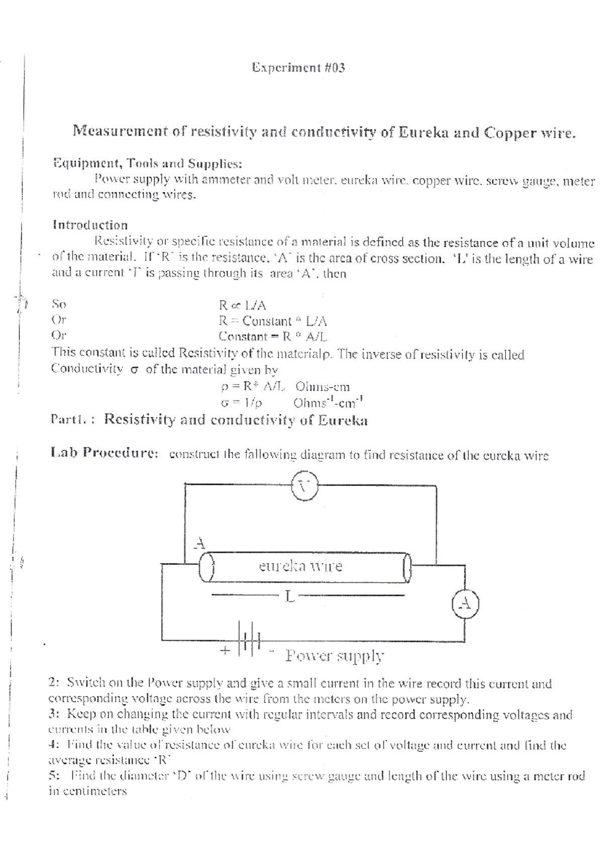 AP Exp5: Measurement of Resistivity & Conductivity of Eureka Wire - Studocu
