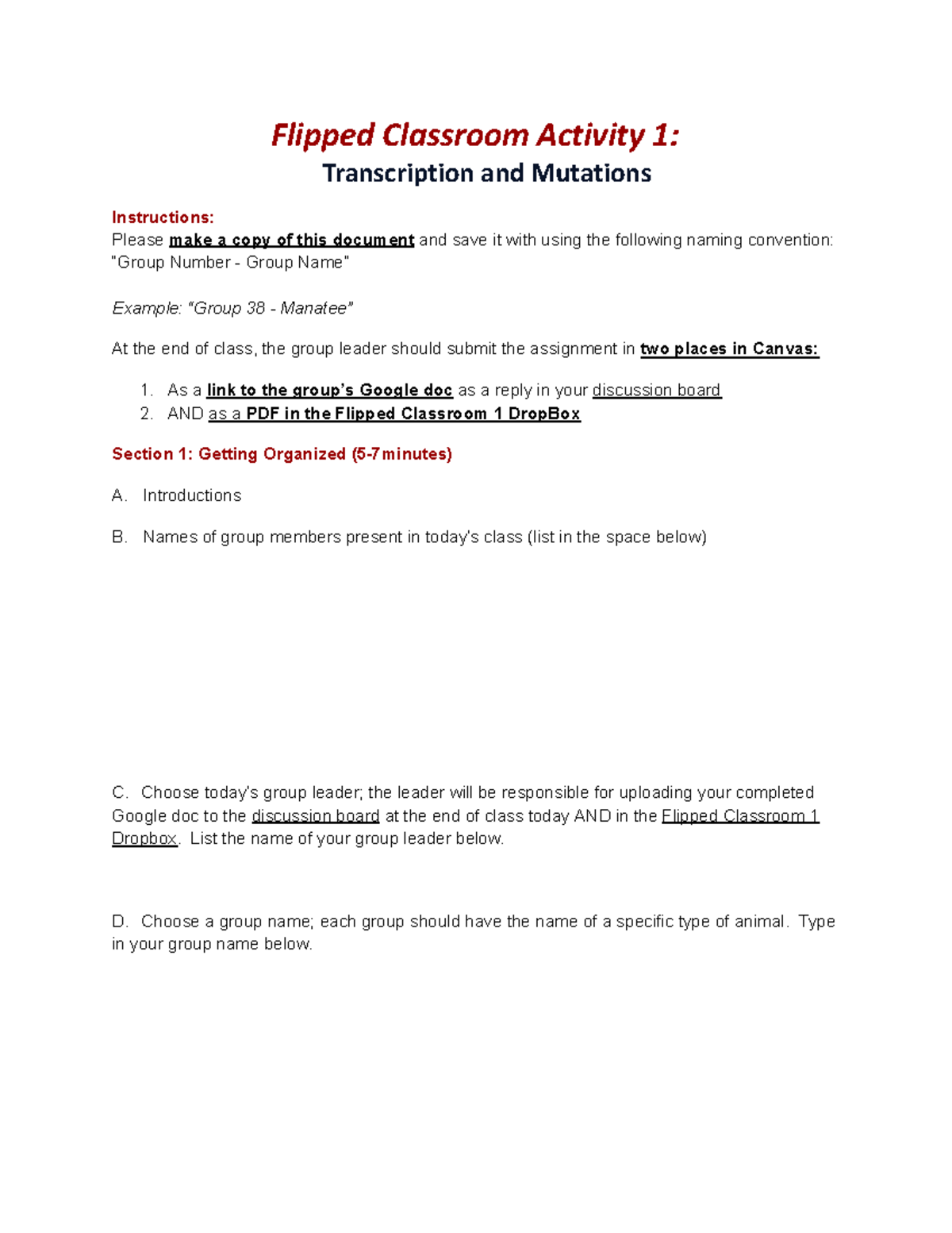 Zoo Bio 101 - Flipped Classroom 1: Transcription & Mutations Activity ...