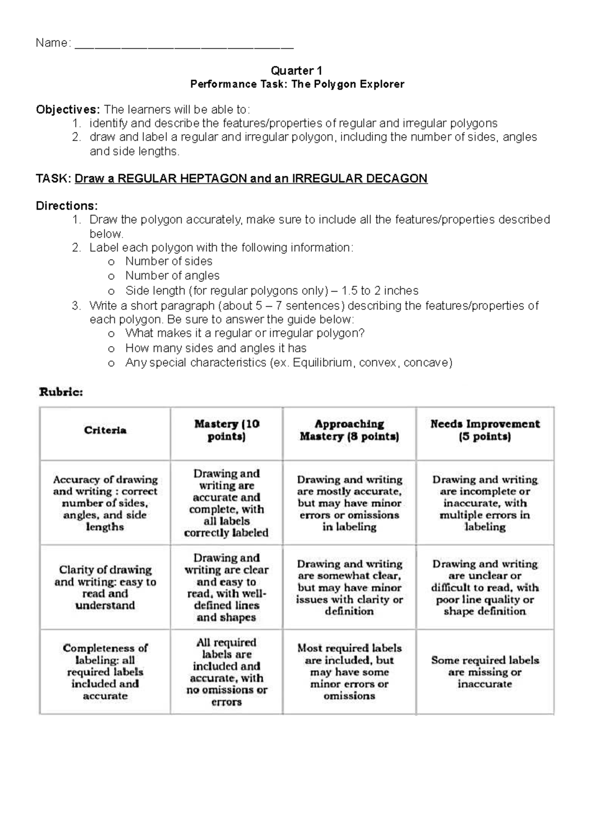 Math 7 FT1 - Quarter 1 Performance Task: The Polygon Explorer - Studocu