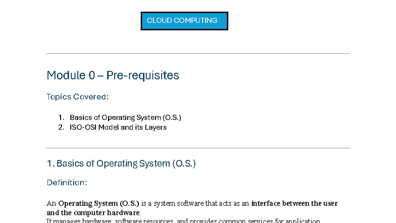 CLOUD COMPUTING Module 0: Overview of Operating Systems and Their Role ...