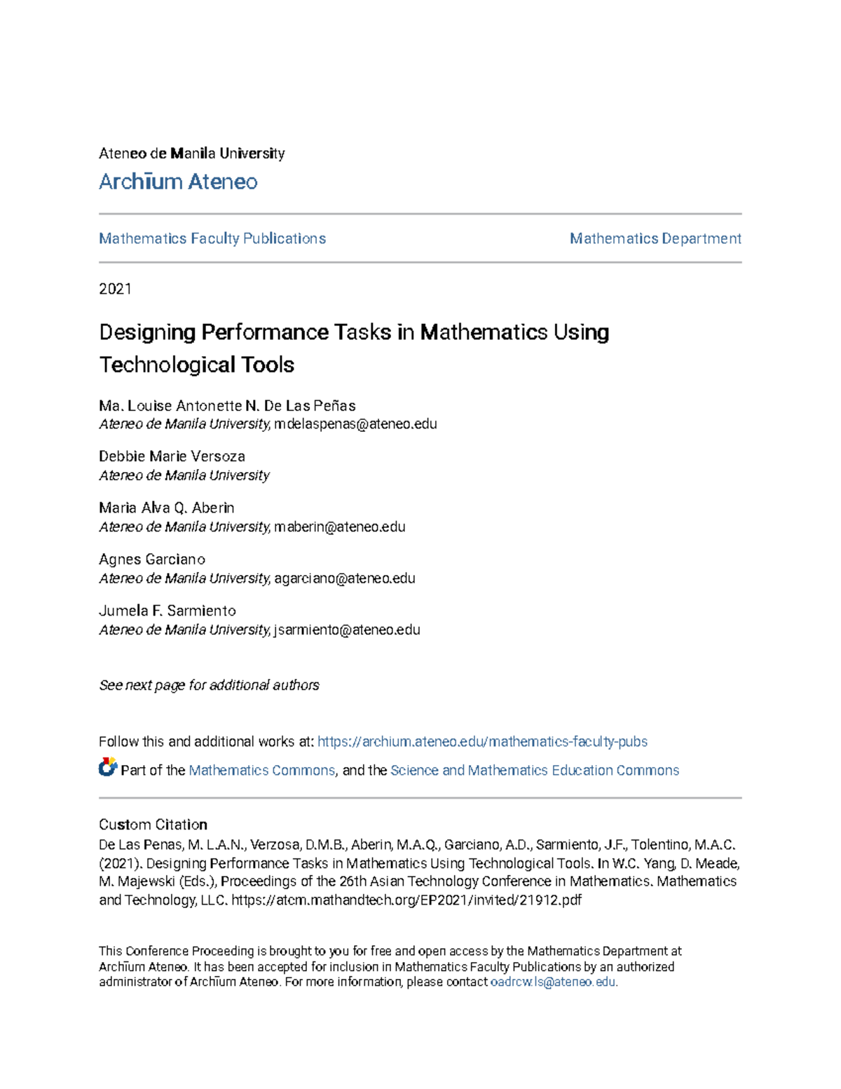 Designing Performance Tasks in Mathematics Using Tech Tools (MATH 2021 ...