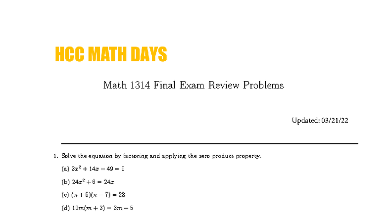 Math 1314 Final Exam Study Review Problems - Studocu