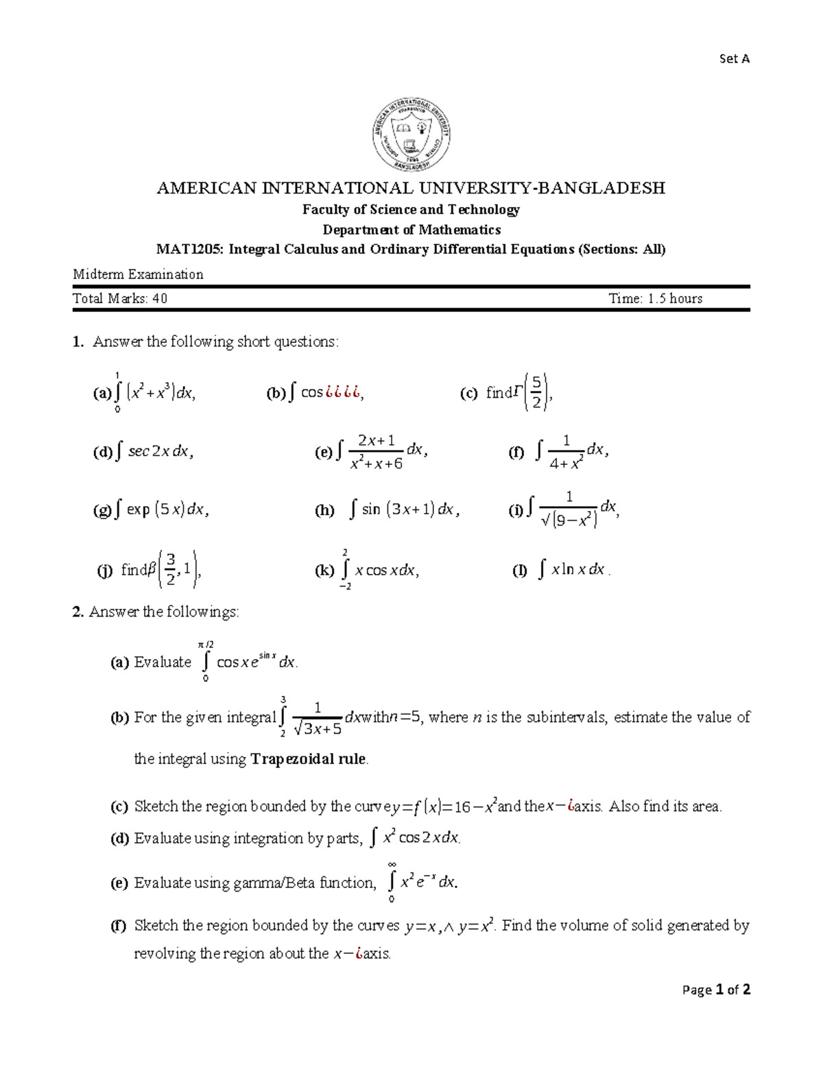 Math 2 MID Exam Sample Questions - MAT1205 Integrals & Diff. Eq. - Studocu
