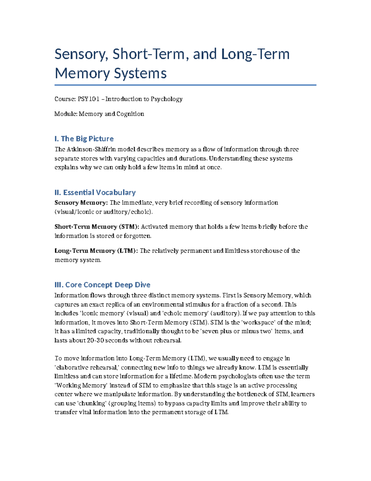 PSY101: Sensory, Short Term, and Long Term Memory Systems Overview ...