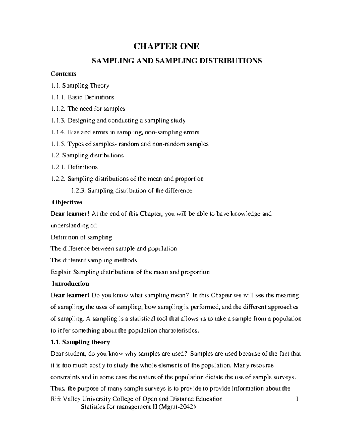 Chapter One Sampling And Sampling Distributions Statistics For