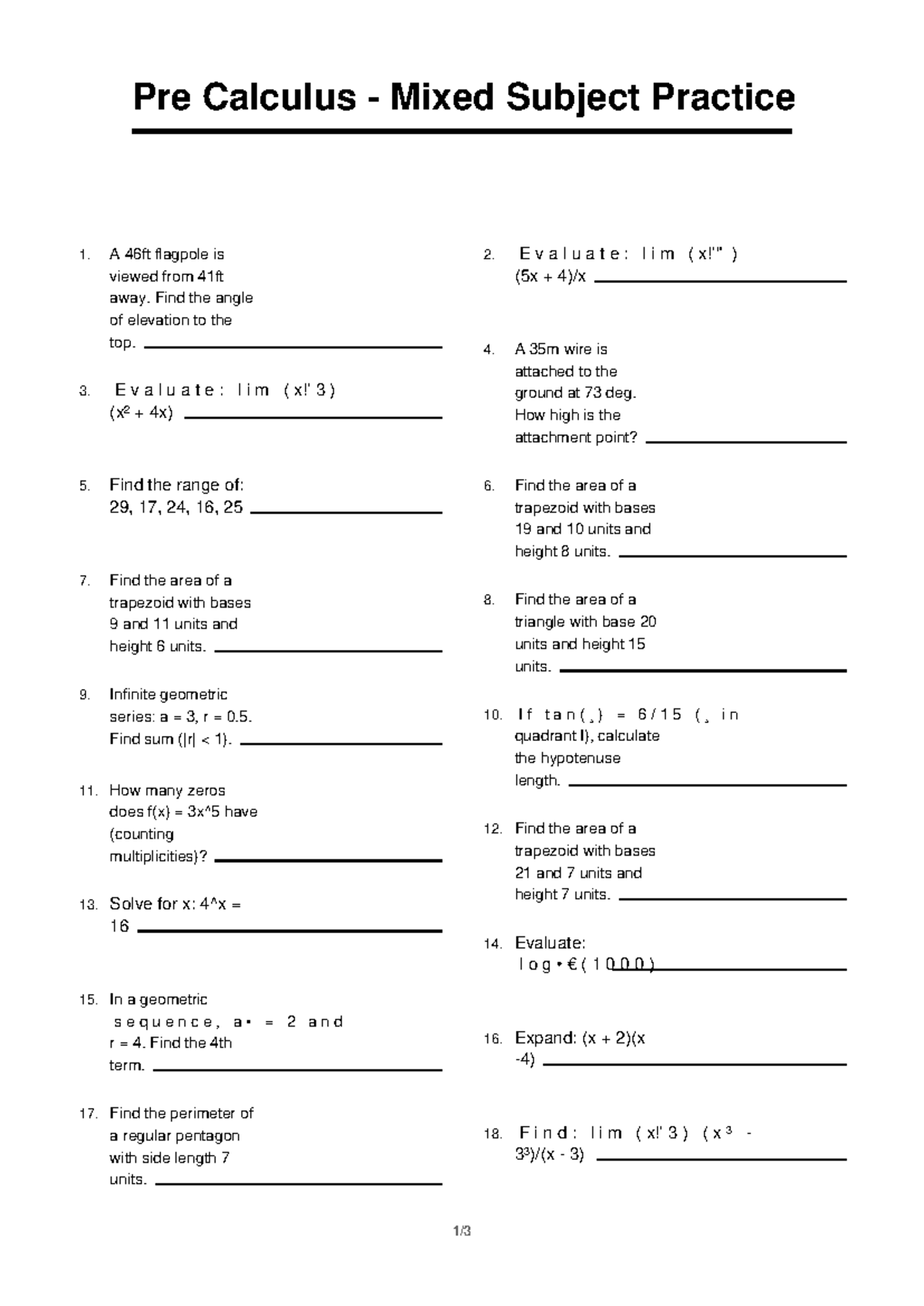 Pre Calculus - Mixed Subject Practice 1 - Studocu