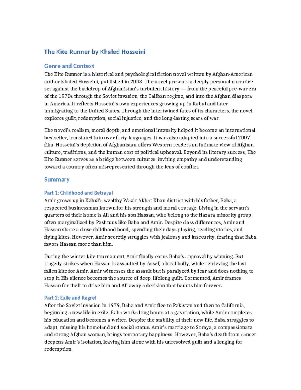 The Kite Runner (ENG 101) Comprehensive Analysis and Character Study ...