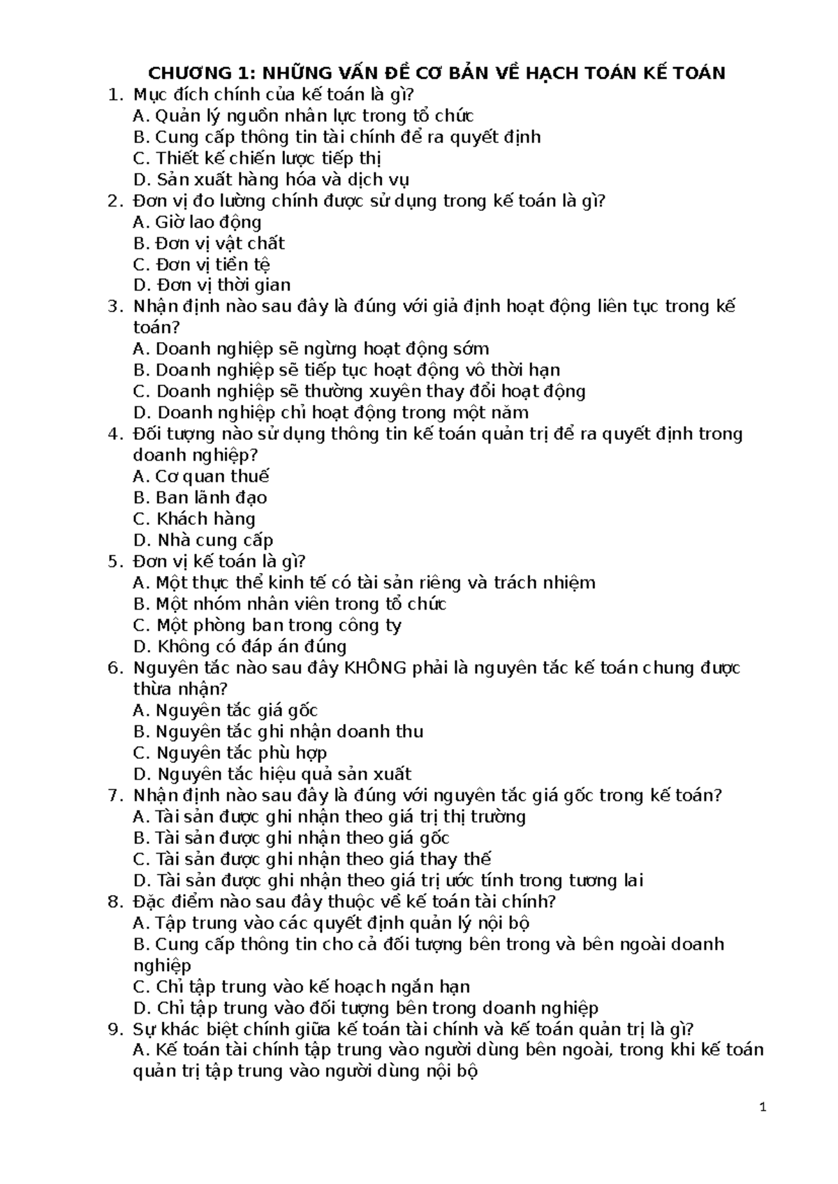 TRẮC NGHIỆM NLKT - SV - HẠCH TOÁN KẾ TOÁN CHƯƠNG 1-6 - Studocu