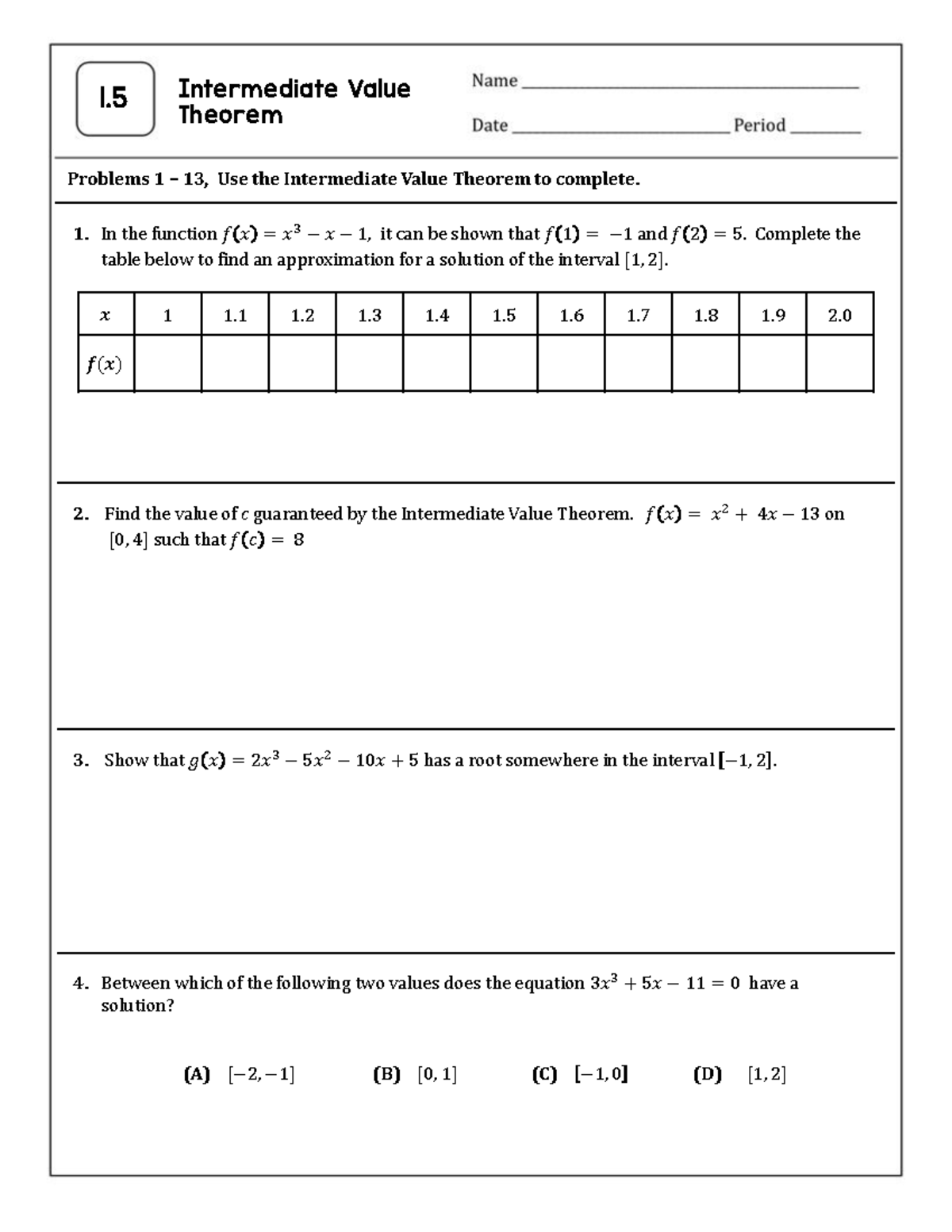 AP Calculus Practice 1 - Intermediate Value Theorem Exercises - Studocu