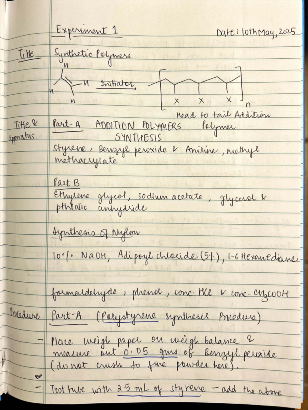 Lab 1: Synthesis of Synthetic Polymers - Experiment Procedures and ...