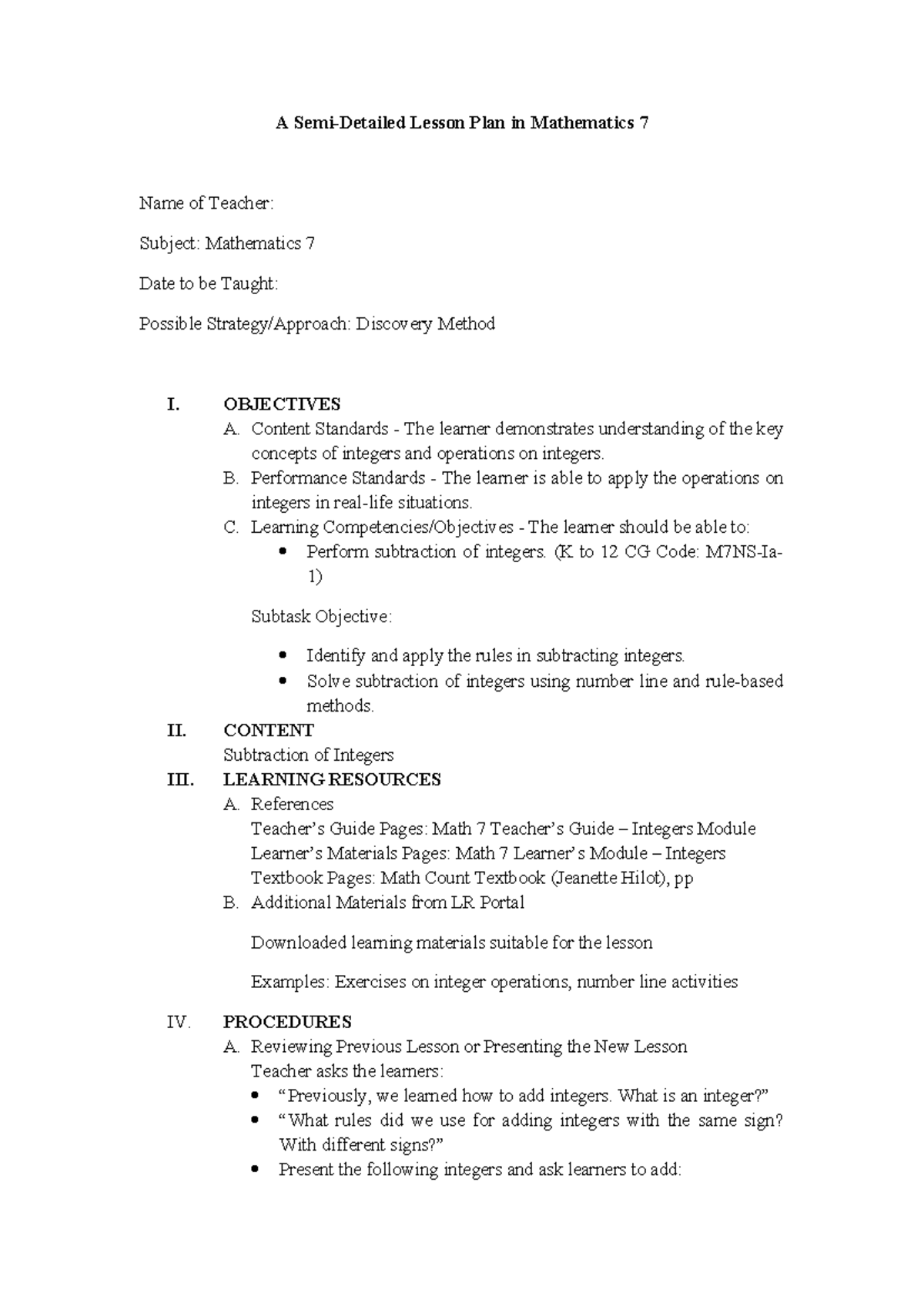 Mathematics 7 Lesson Plan: Subtraction of Integers - Studocu