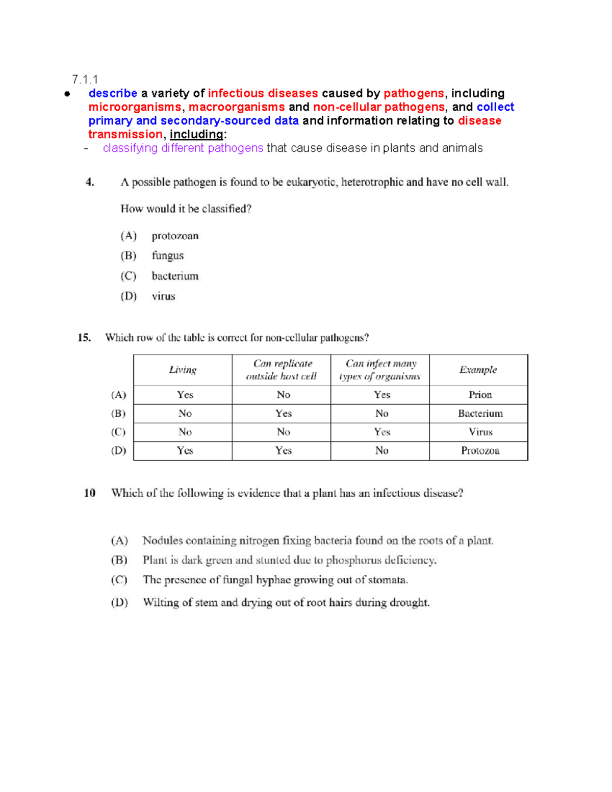 Mod 7 IQ1 Sample Questions on Infectious Diseases and Pathogens - Studocu