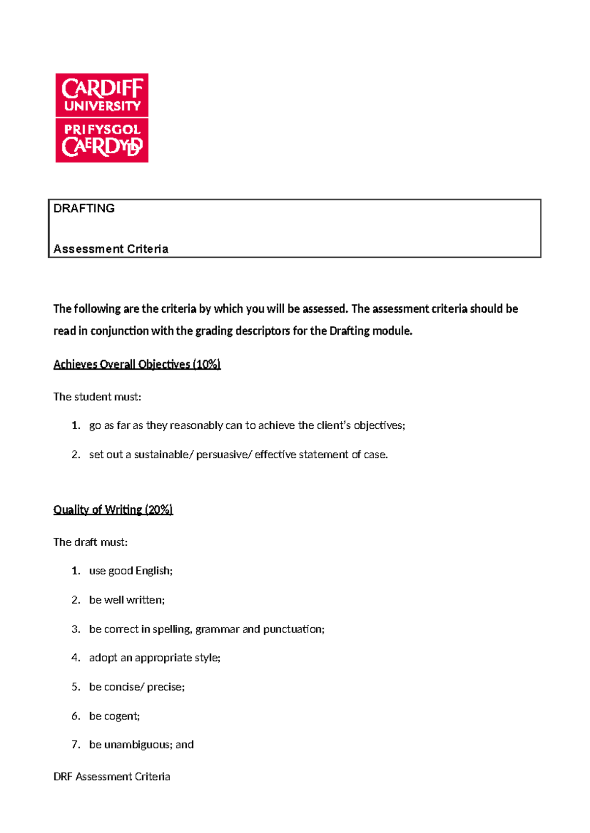 DRF 101: Drafting Assessment Criteria Overview and Guidelines - Studocu