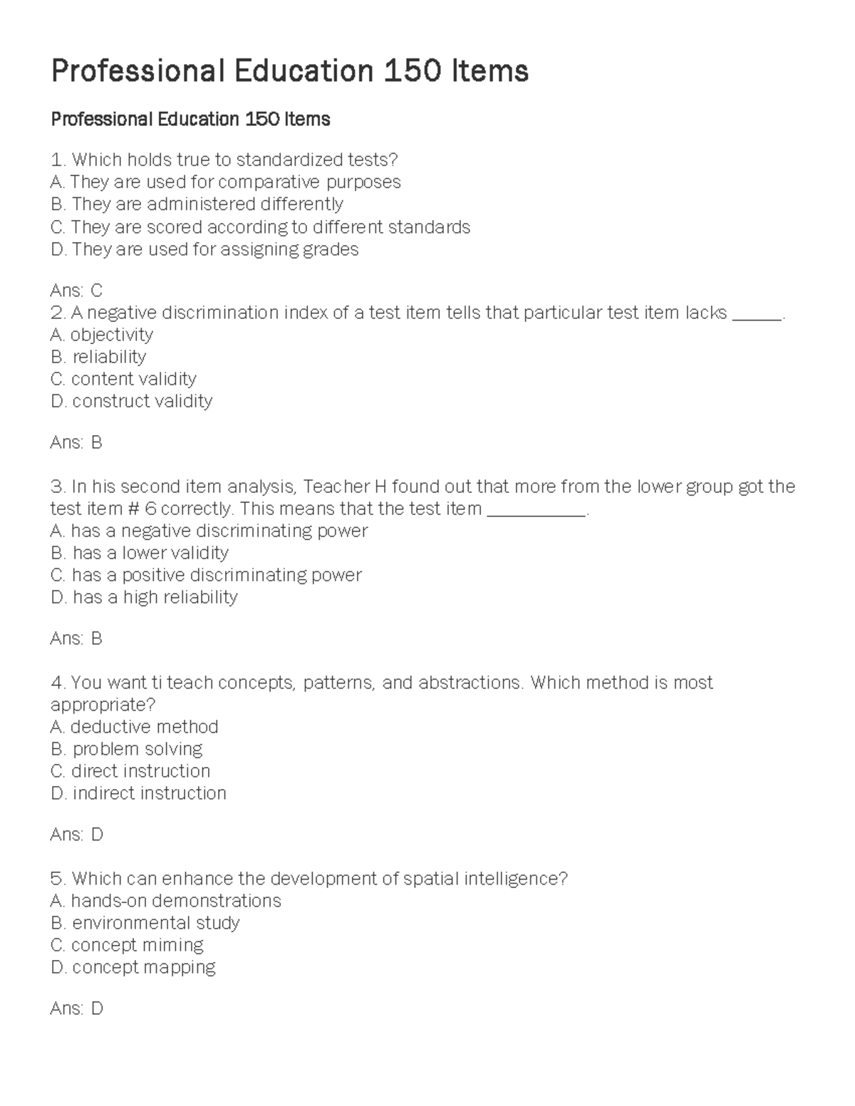 Professional Education 150 Items: Answer Key & Test Insights - Studocu
