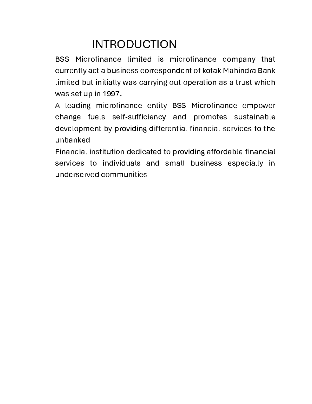 BSS Microfinance Limited: Overview and Impact Study (Intro) - Studocu