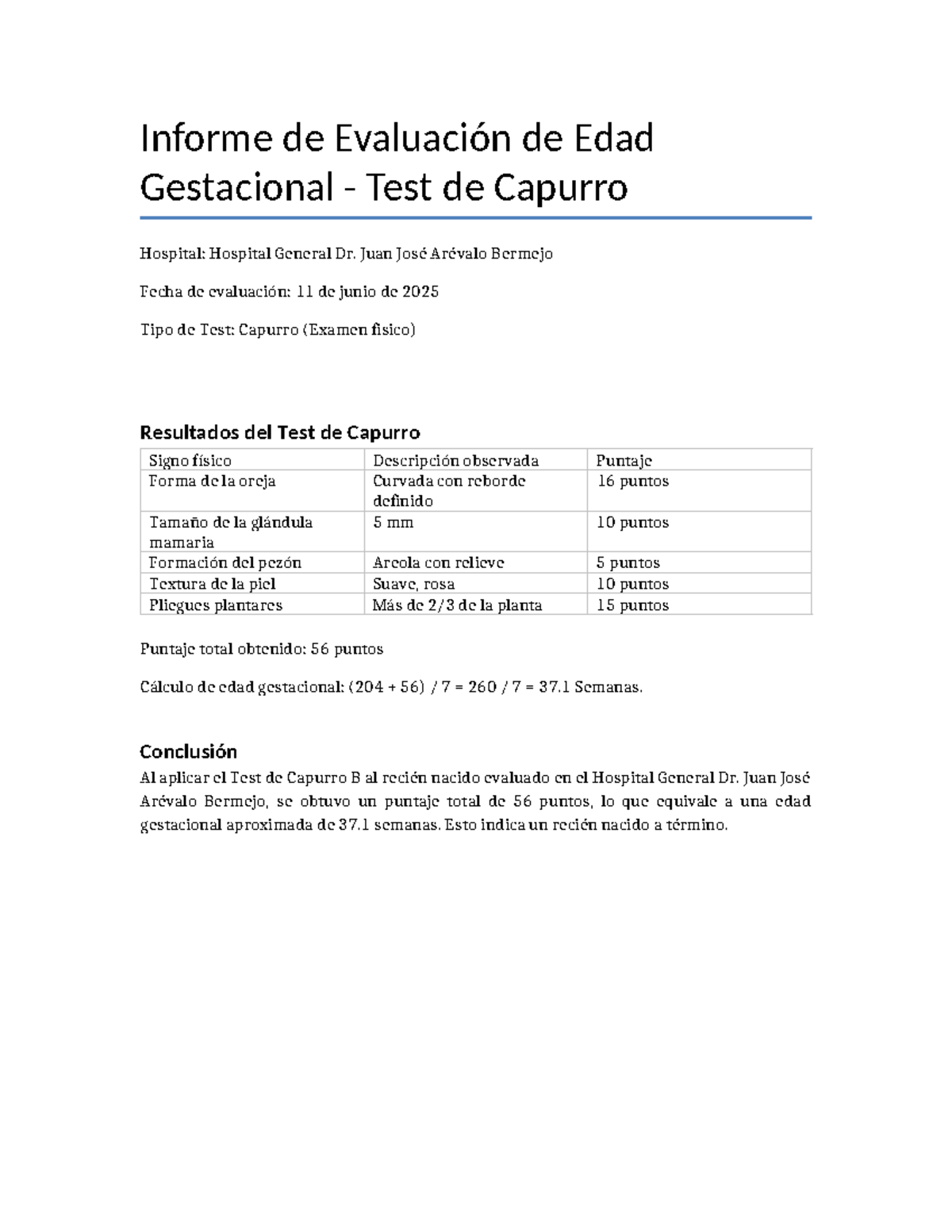 Informe de Evaluación de Edad Gestacional - Test de Capurro B - Studocu
