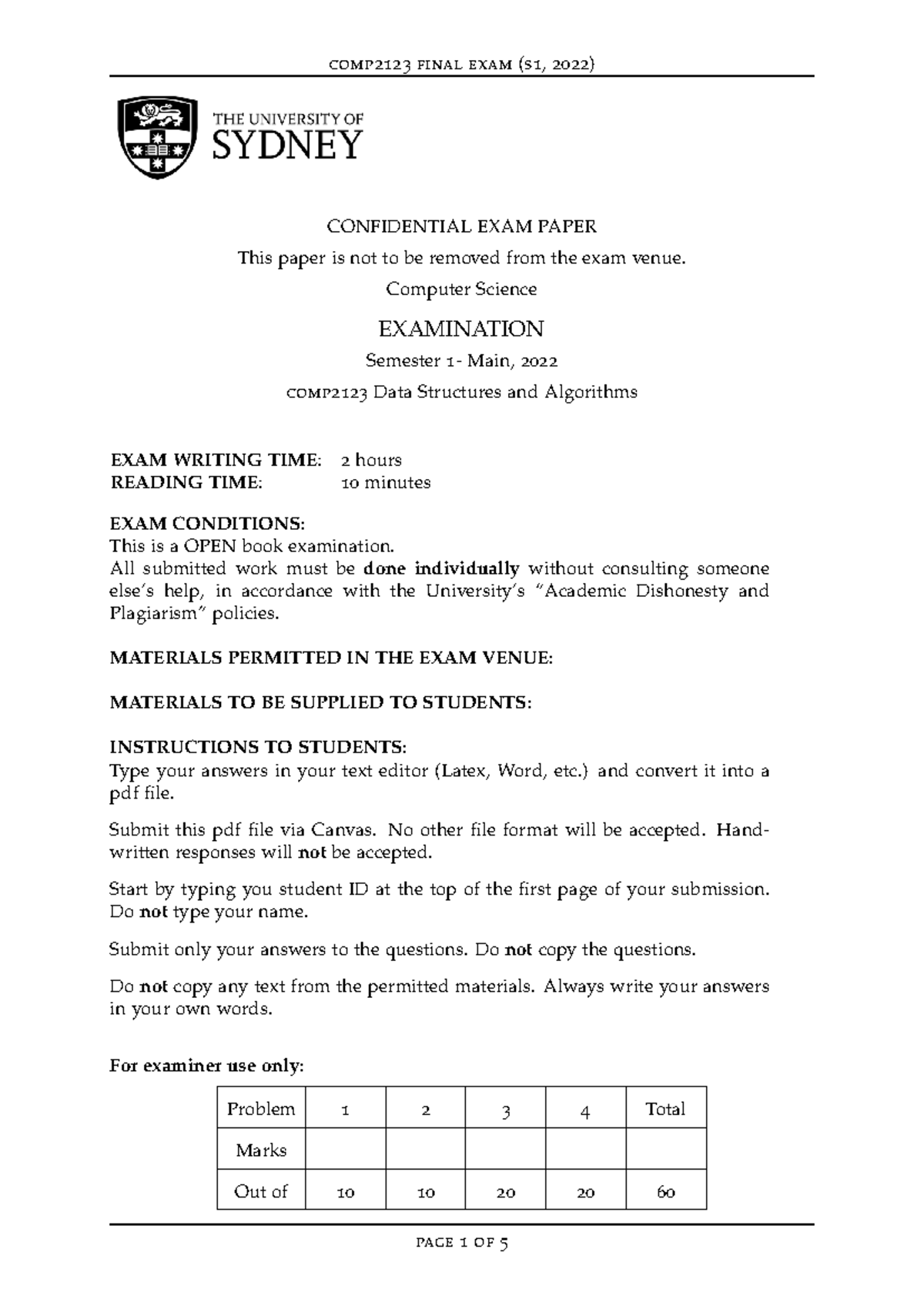Comp2123 2022 Final Exam: Data Structures & Algorithms Insights - Studocu