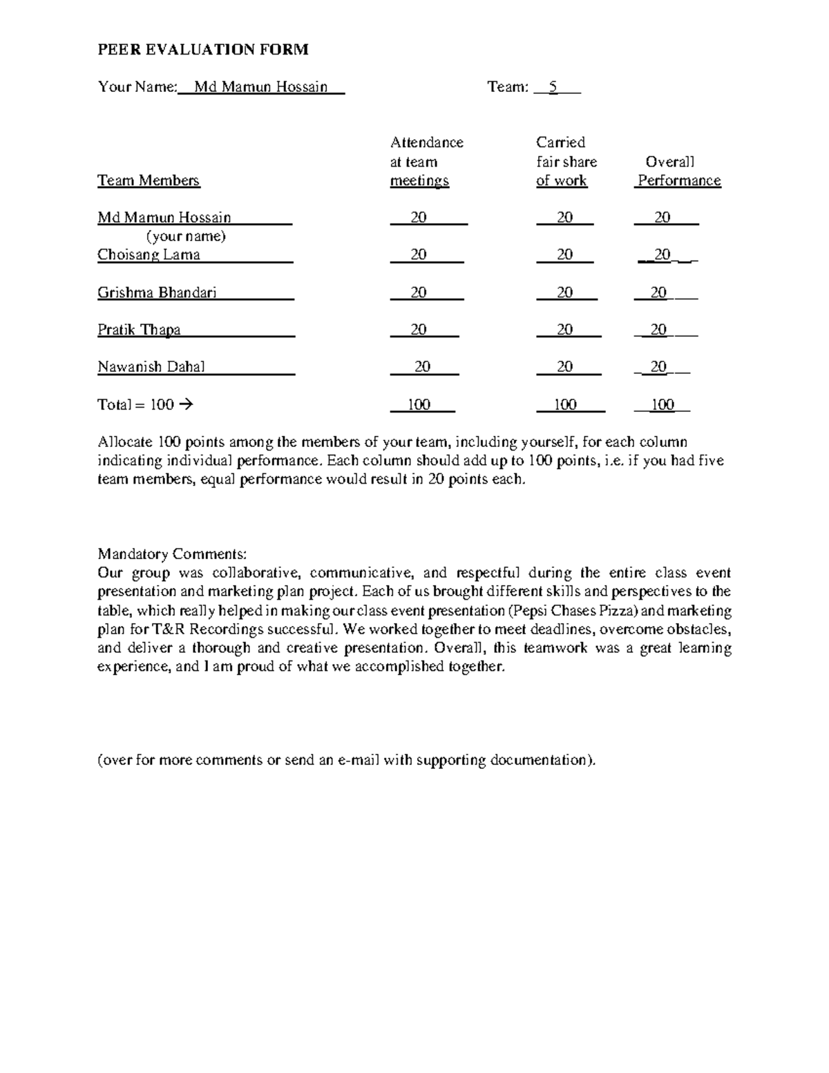 Peer Evaluation Form from Md Mamun Hossain (Team 5) - PEER EVALUATION ...