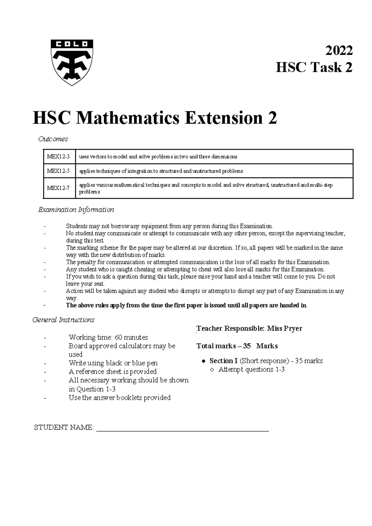 Extension 2 Mathematics Mid-Course - 2022 HSC Task 2 HSC Mathematics ...