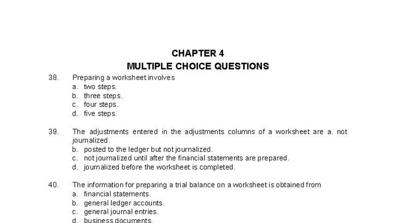 CHAPTER 4 MULTIPLE CHOICE QUESTIONS - Accounting Concepts - Studocu