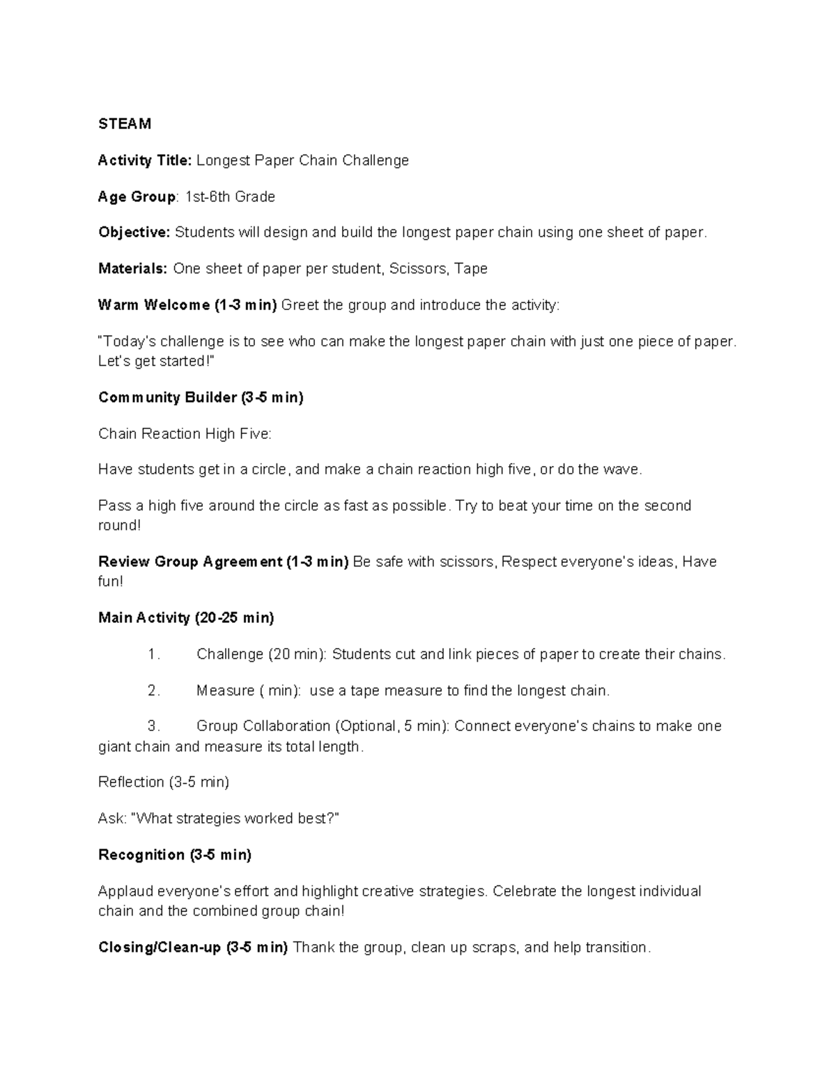 STEAM Activity: Longest Paper Chain Challenge for Grades - Studocu