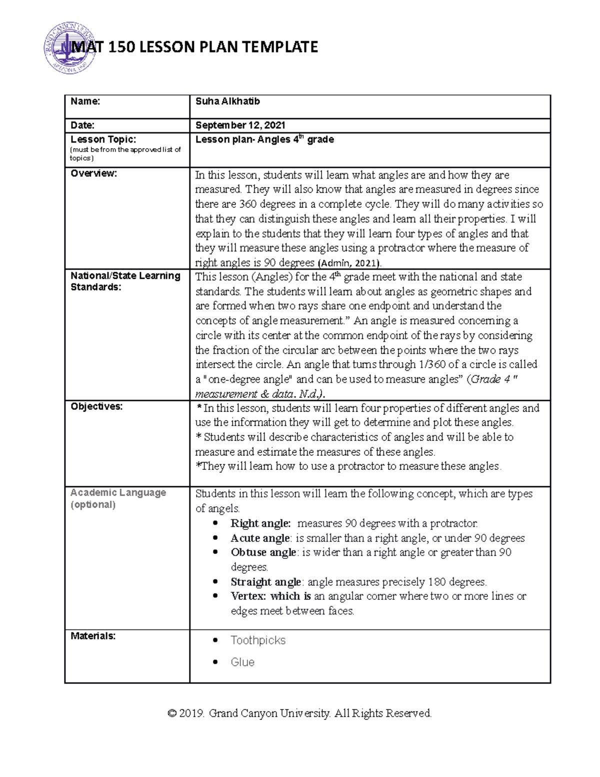 MAT 150 Final Lesson Plan: Understanding Angles for 4th Grade - Studocu