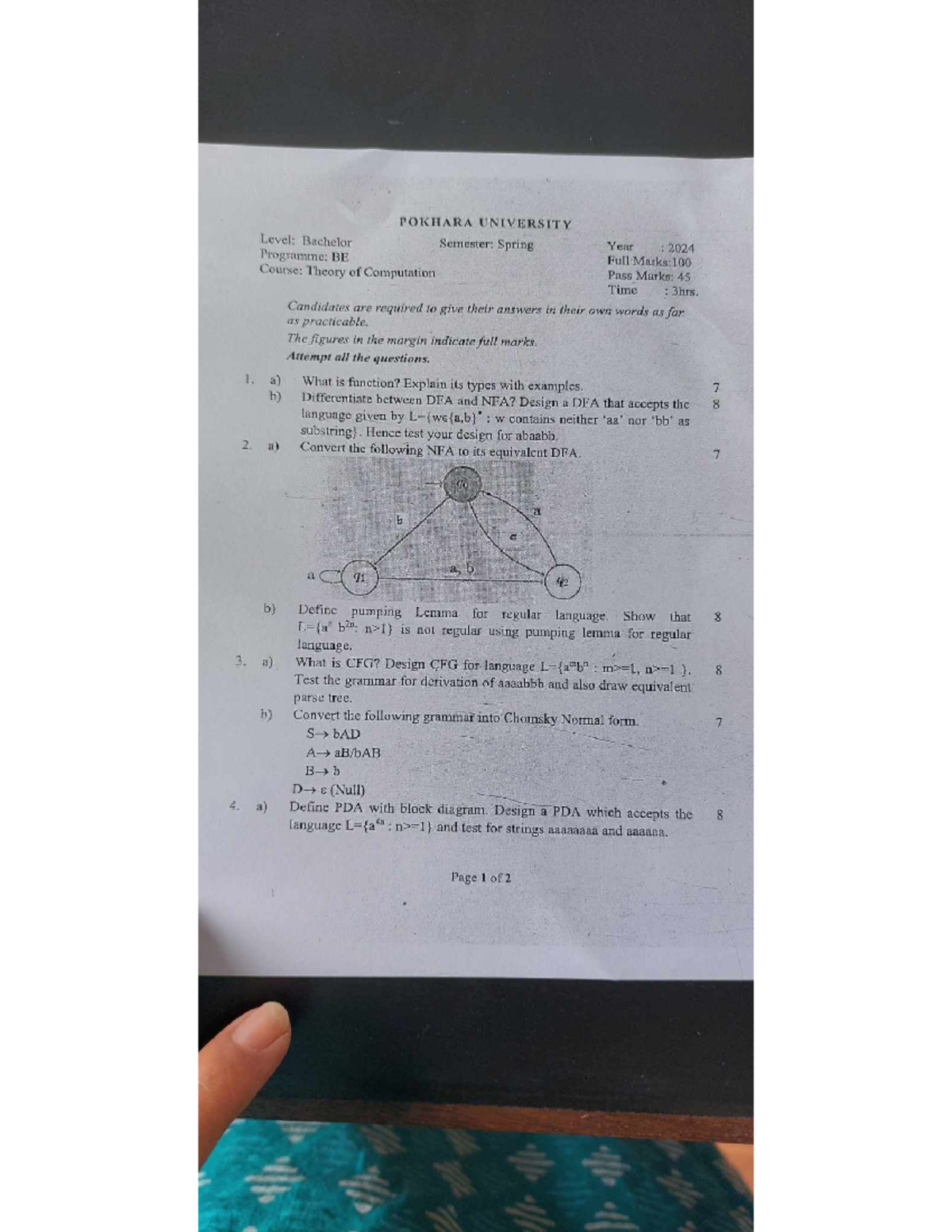 BE 2024Spring Theory of Computation - Past Question Paper - Studocu