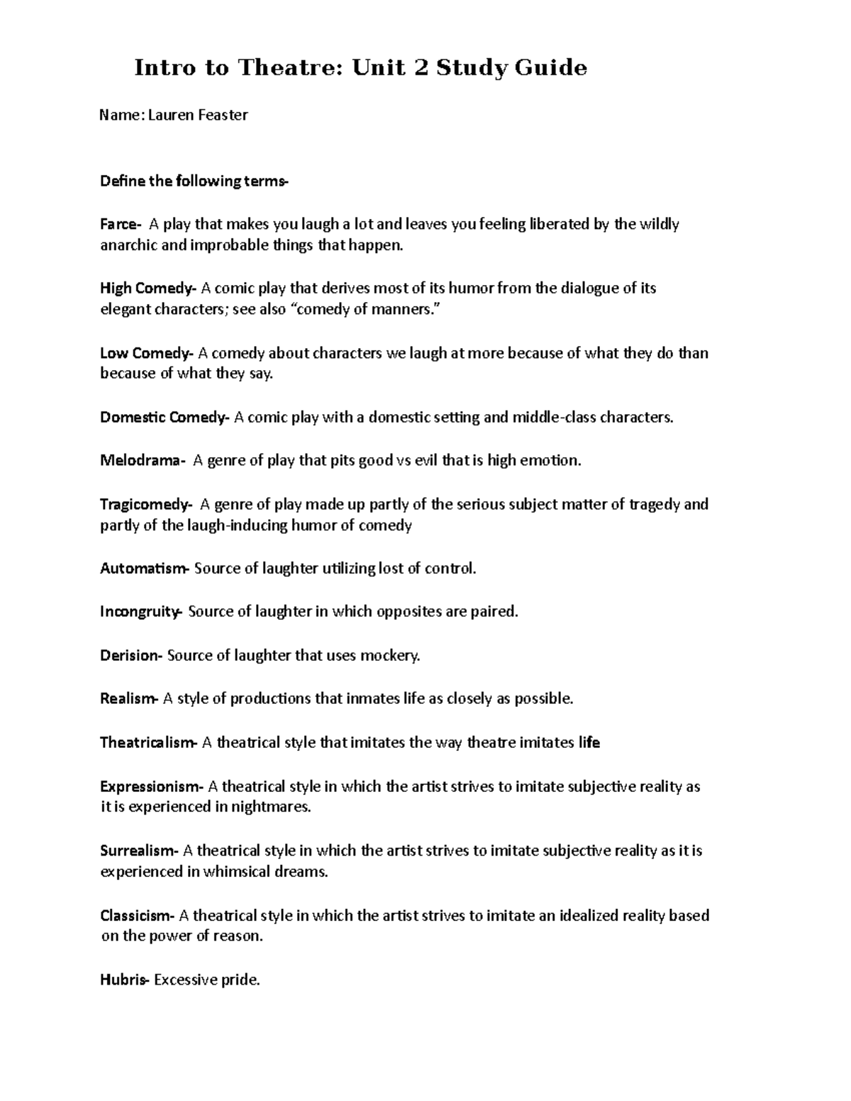 Unit 2 Study Guide - Key Concepts in Theatre (Another Opening Another ...