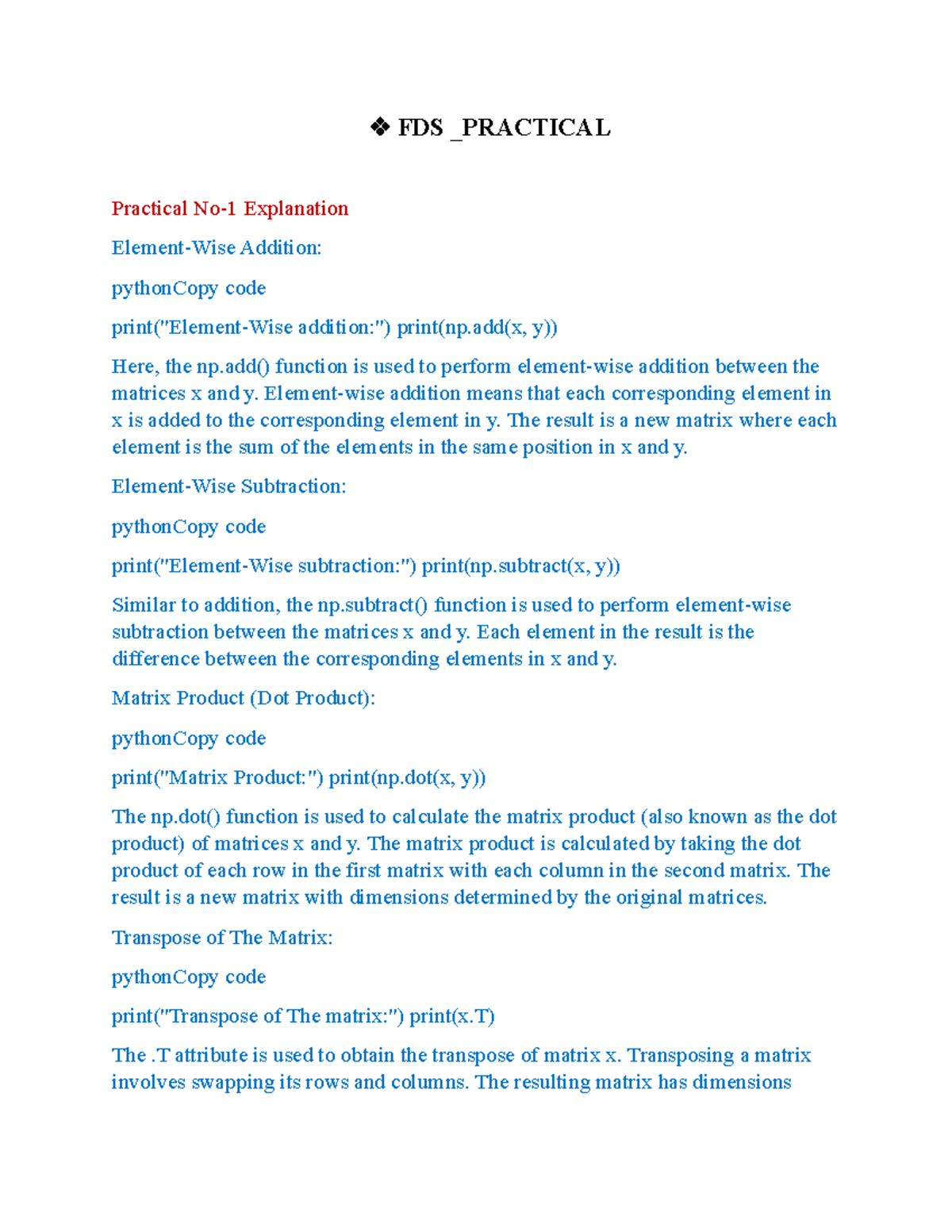 FDS Practical Exercises: Matrix Operations and Sorting Algorithms - Studocu