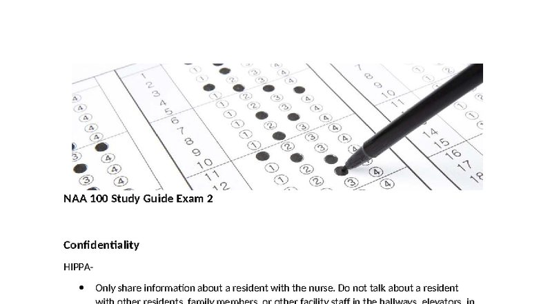 NAA 100 Exam 2 Study Guide: Resident Care & Safety Practices - Studocu