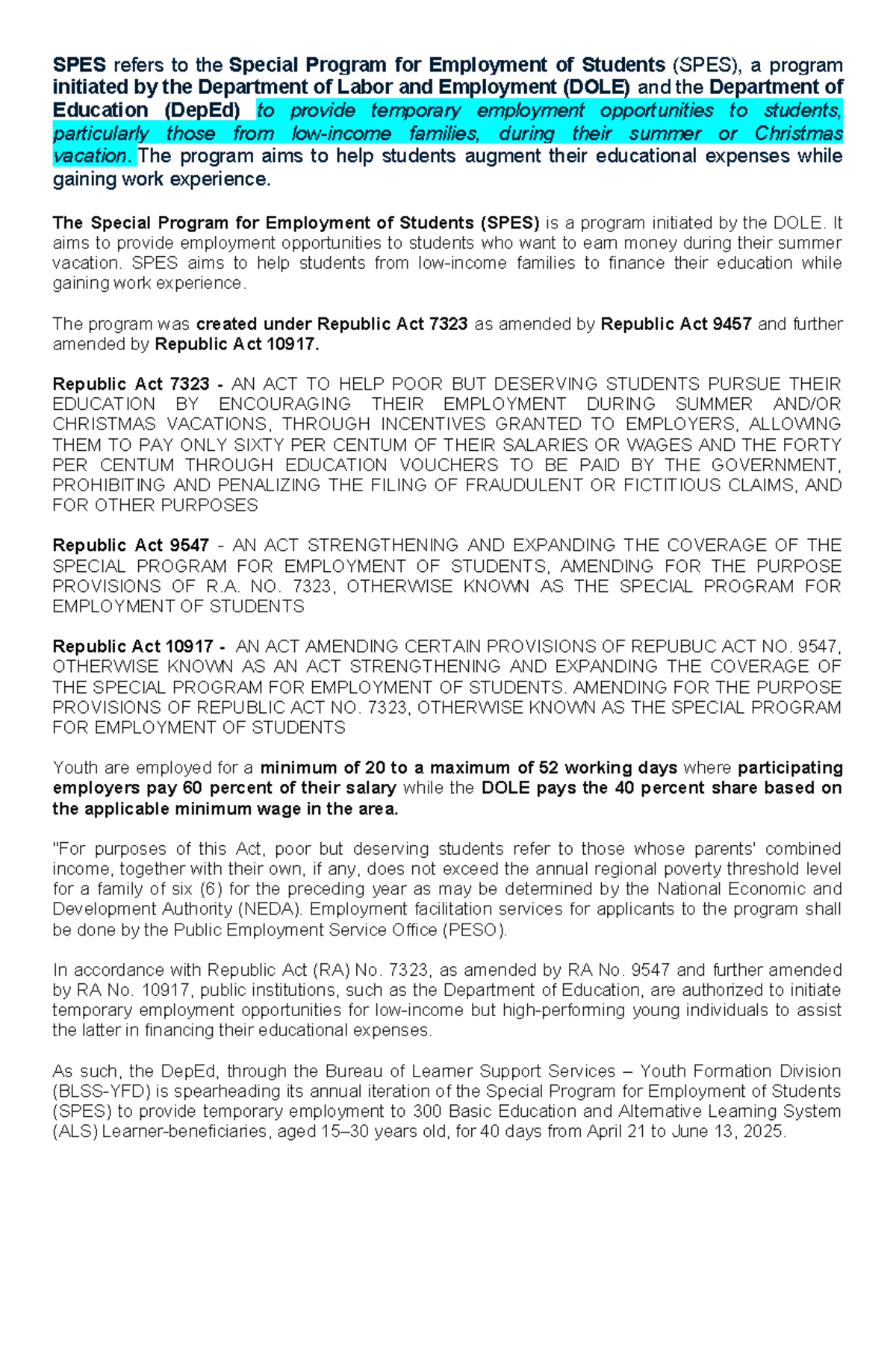 SPES: Special Program for Employment of Students Overview - Studocu