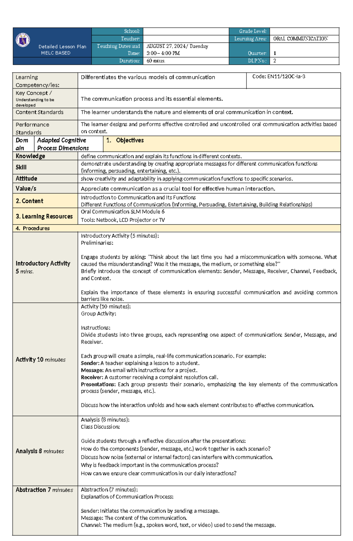 Differentiating Communication Models: Detailed Lesson Plan EN11/12OC-Ia ...