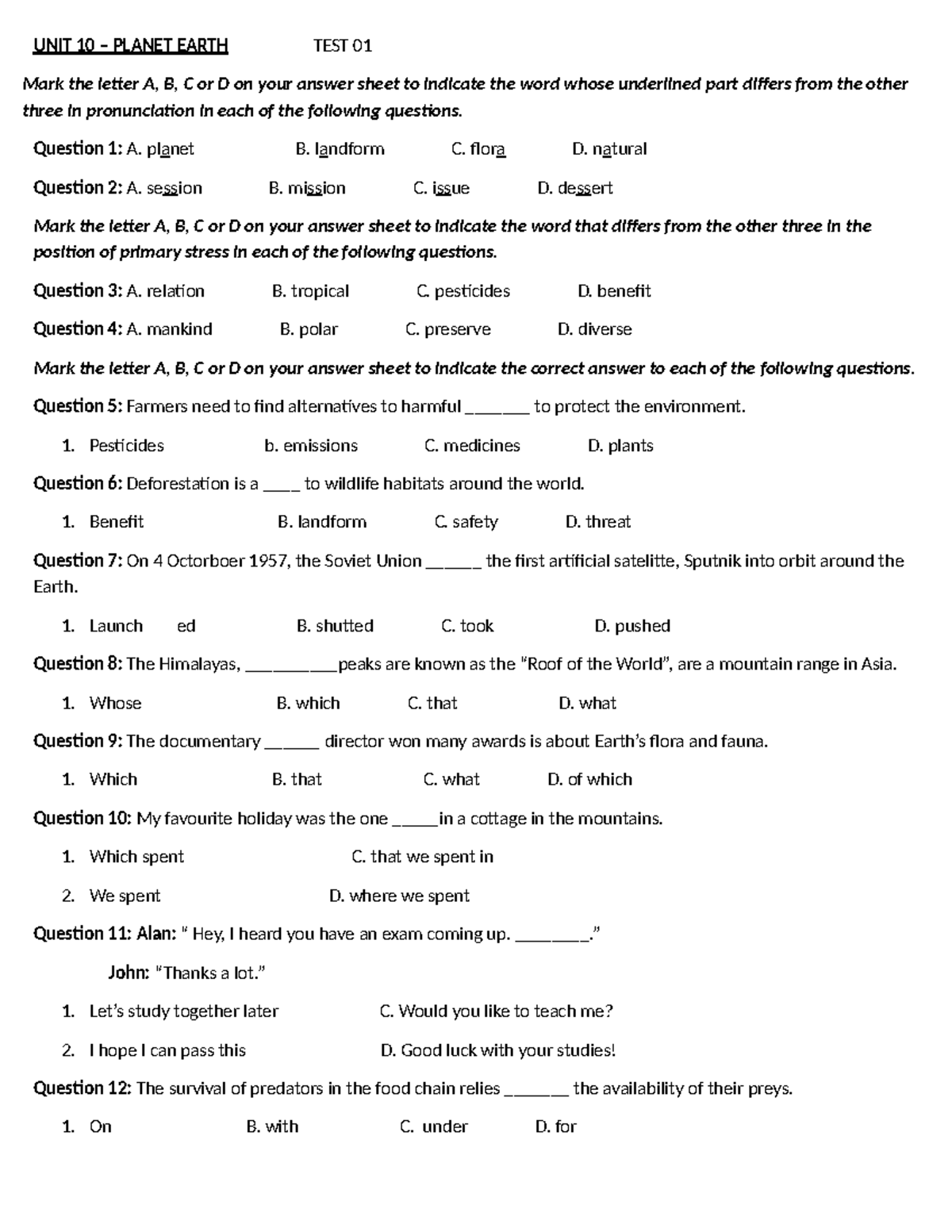 UNIT 10 PLANET EARTH TEST 01 - Pronunciation and Vocabulary Practice ...