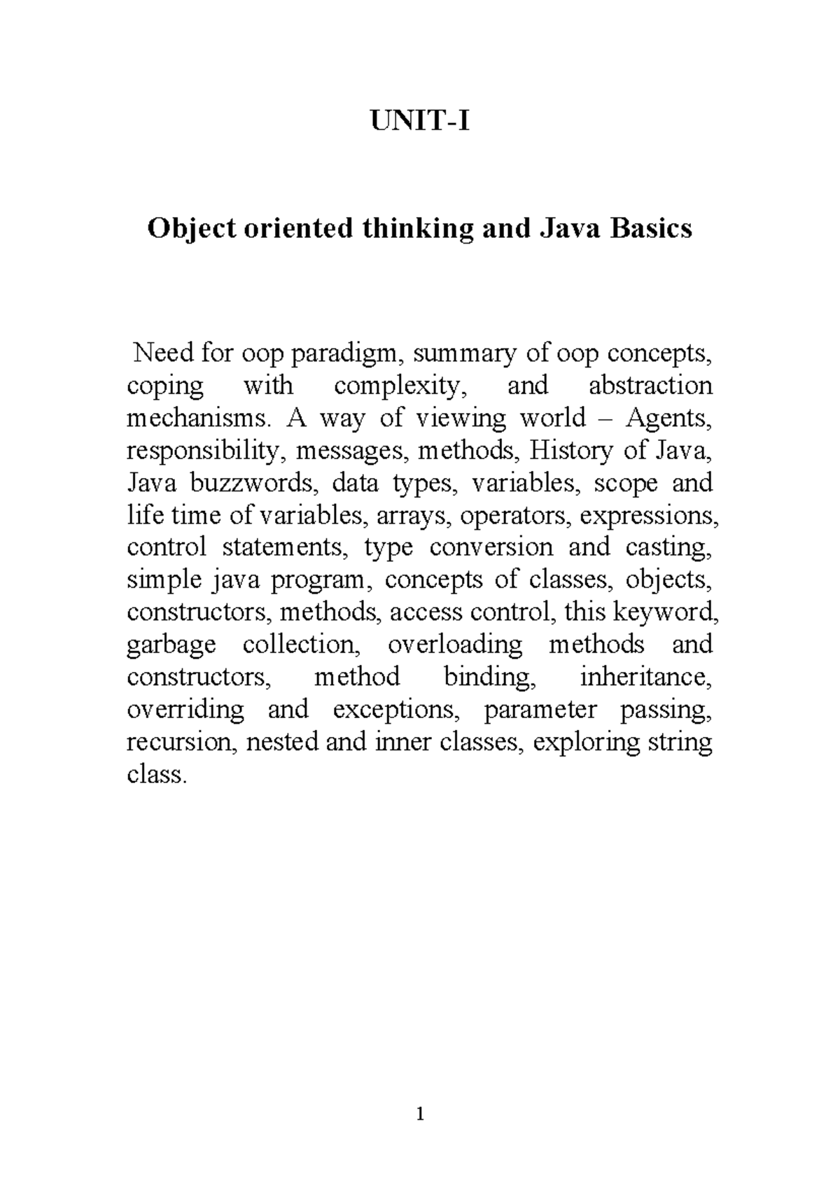 JAVA-UNIT-1: Object-Oriented Programming Concepts and Java Basics - Studocu