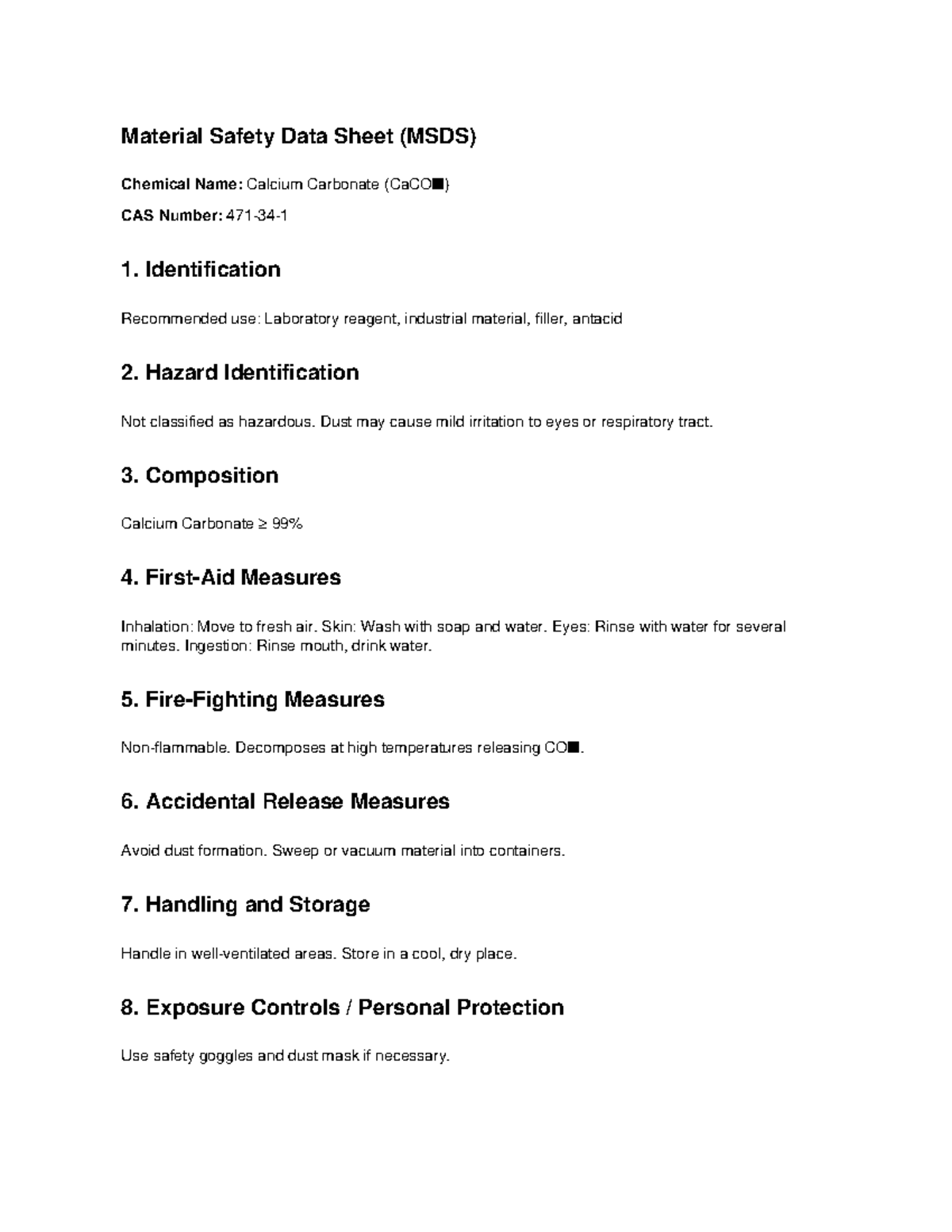 Calcium Carbonate MSDS: Safety & Handling Guidelines - Studocu