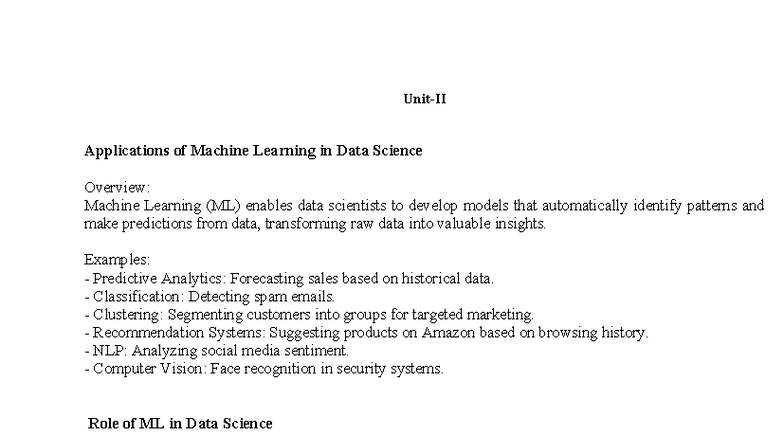 Unit-II Notes: Applications of ML in Data Science (Course Code) - Studocu