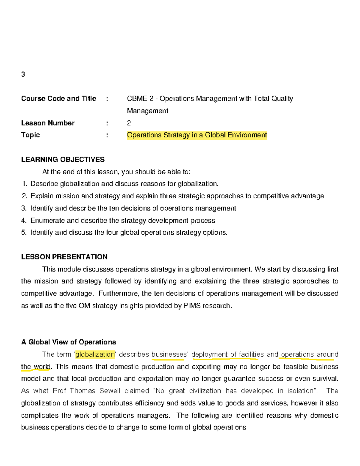 CBME 2: Operations Strategy in a Global Environment - Lesson 2 Notes ...