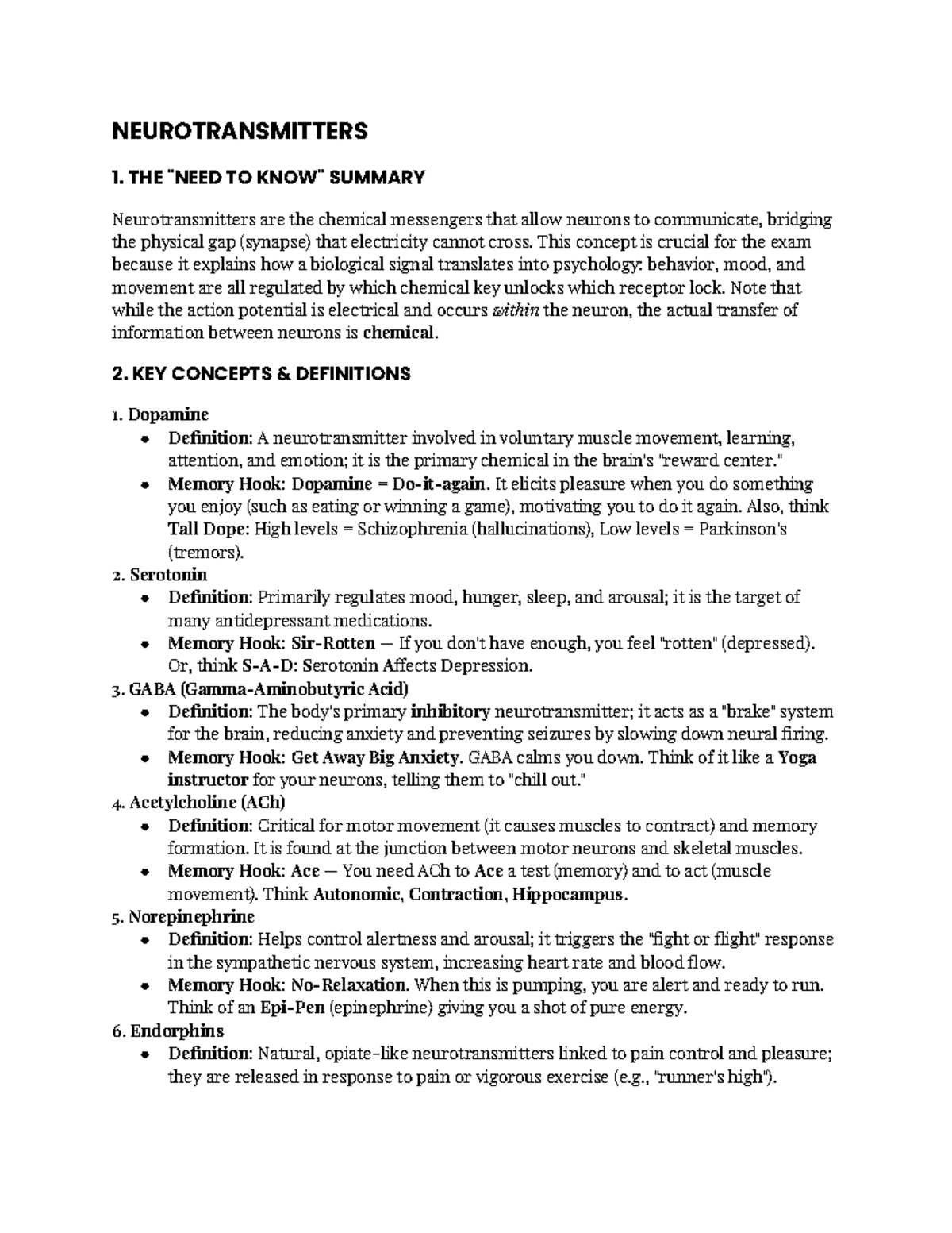 Neurotransmitters: Key Concepts & Exam Summary for PSY 101 - Studocu